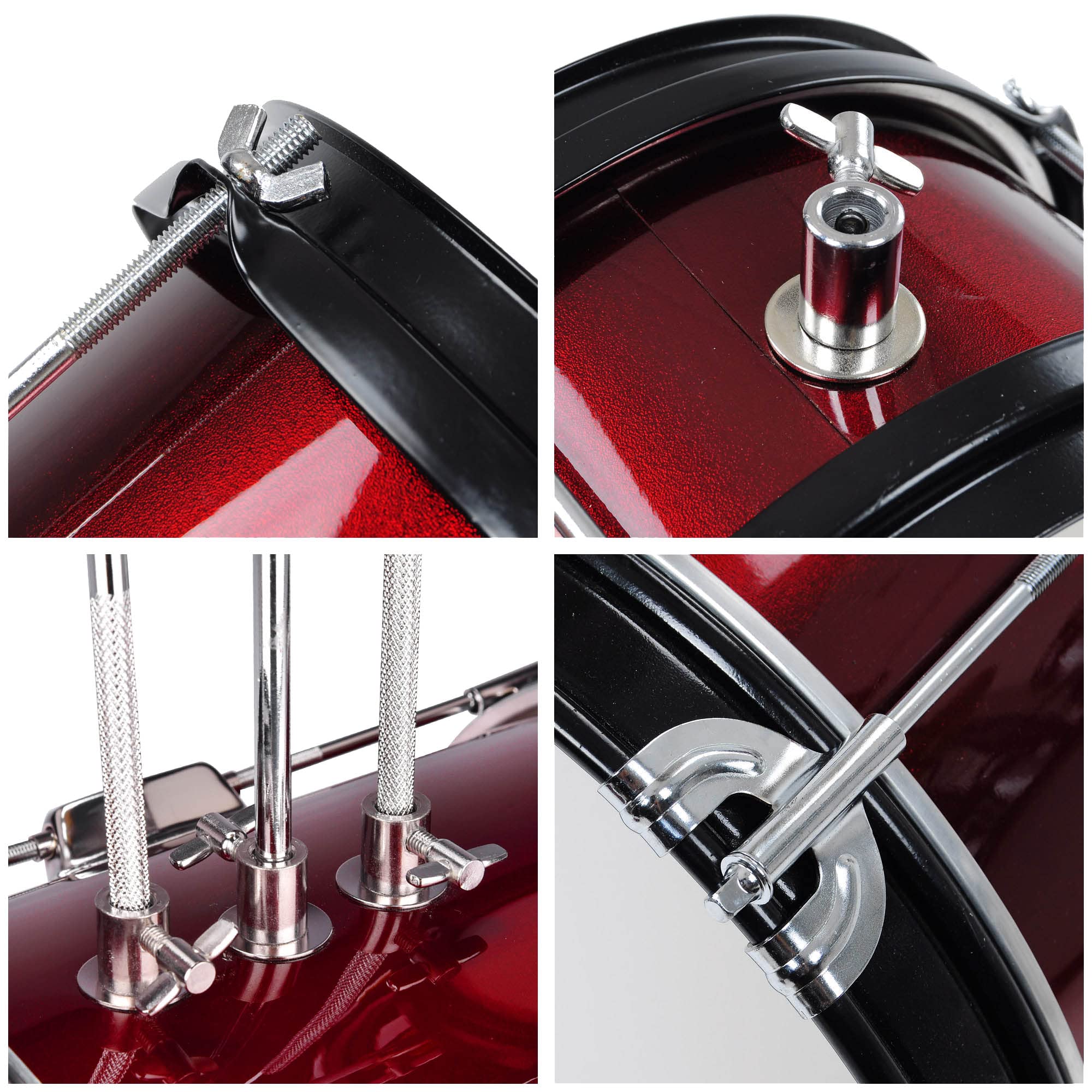 AW Drum Set with 3 Piece Drums Bass Tom Hi-Hat 4pcs Drumsticks Seat Cymbal Throne Stool Kids Musical Instruments Kit Red