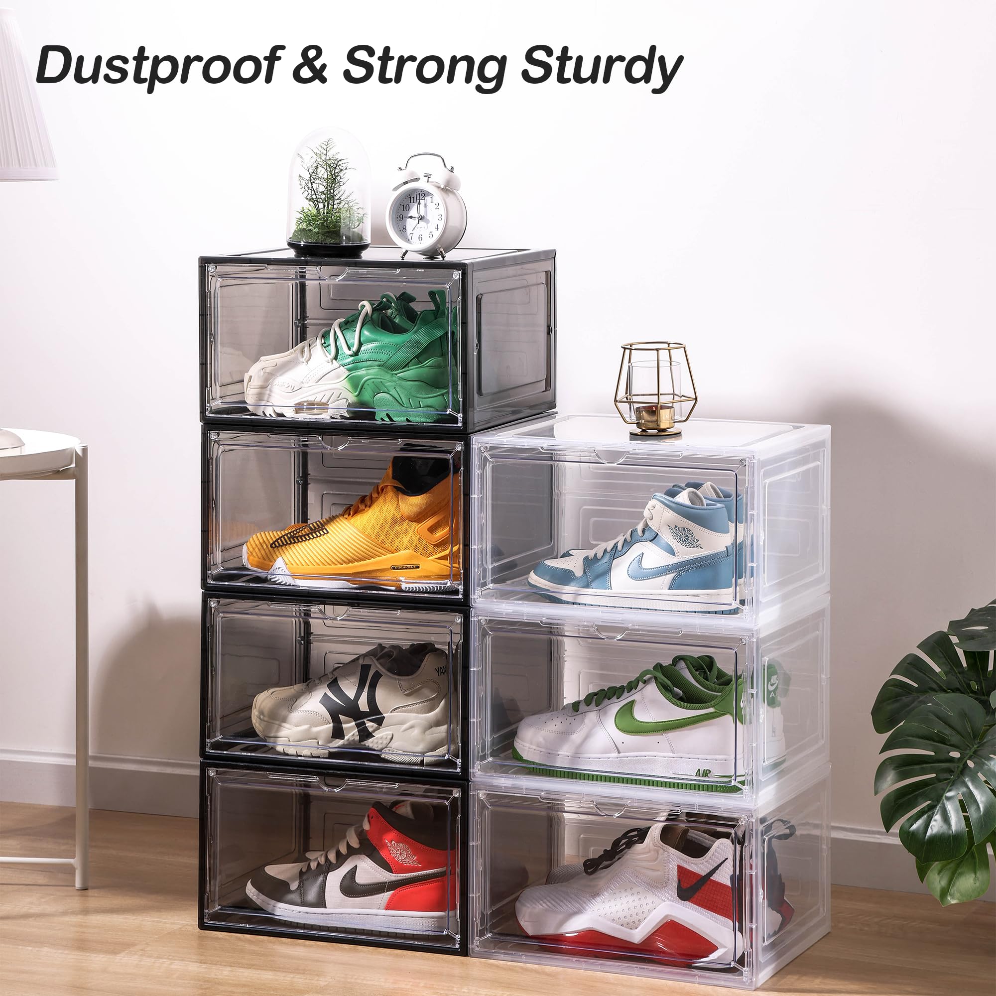 Attelite Upgraded Large Clear Shoe Storage Box Stackable, 8 Pack Thicken Plastic Shoe Containers, Drop Side Front Shoe Storage Organizer for Display Sneakers