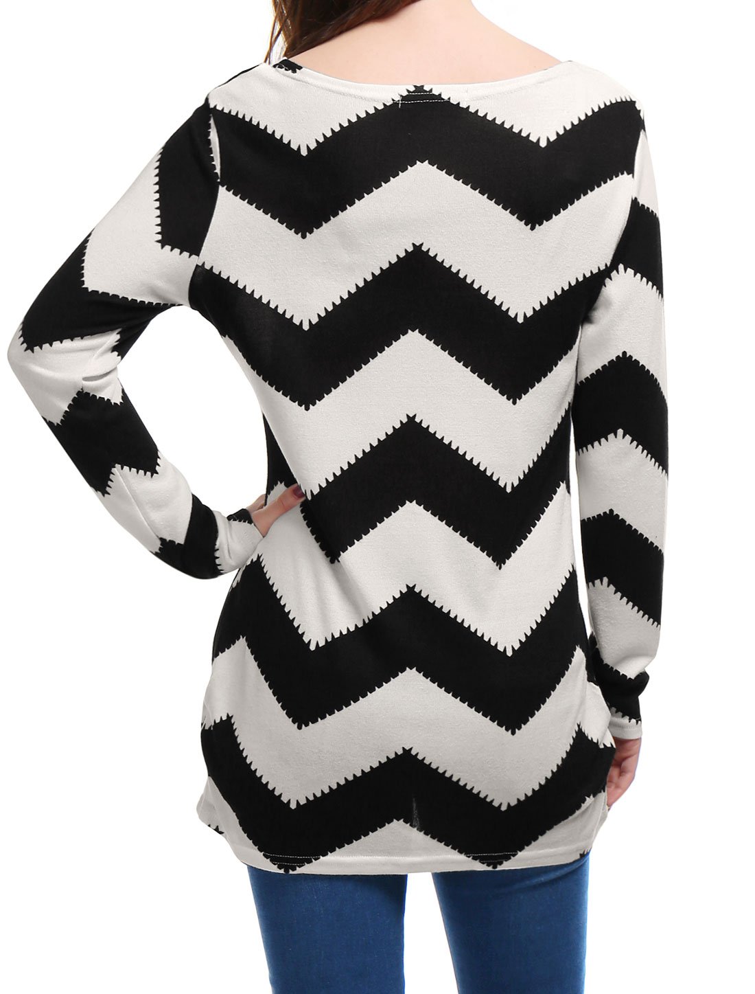 Allegra K Women's Round Neck Contrast Color Knitted Shirts Long Sleeve Sweater Tops Medium Black White