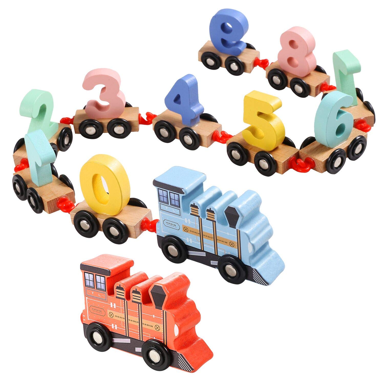 EFOSHM Wooden Train Toy Set 12pcs-Train Cars Digital Toy Set-Toy Train Sets for Kids Toddler Boys and Girls