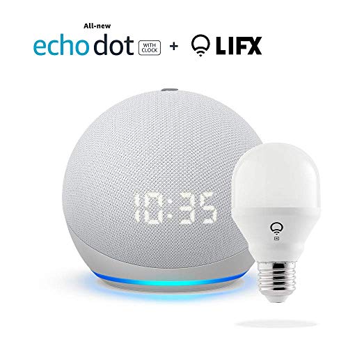 All-new Echo Dot with clock (4th Gen) - Glacier White - bundle with LIFX Smart Bulb (Wi-Fi)