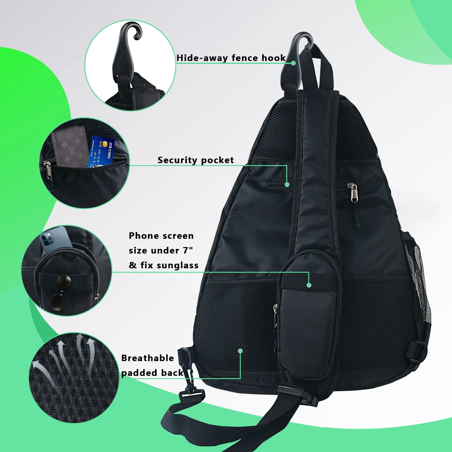 Alytree Pickleball Bag with Phone Holder on Strap, Lightweight Pickleball Crossbody Sling Backpack for Men Women, Adjustable Water Resistant Pickleball Paddle Bag with Fence Hook/Large Capacity