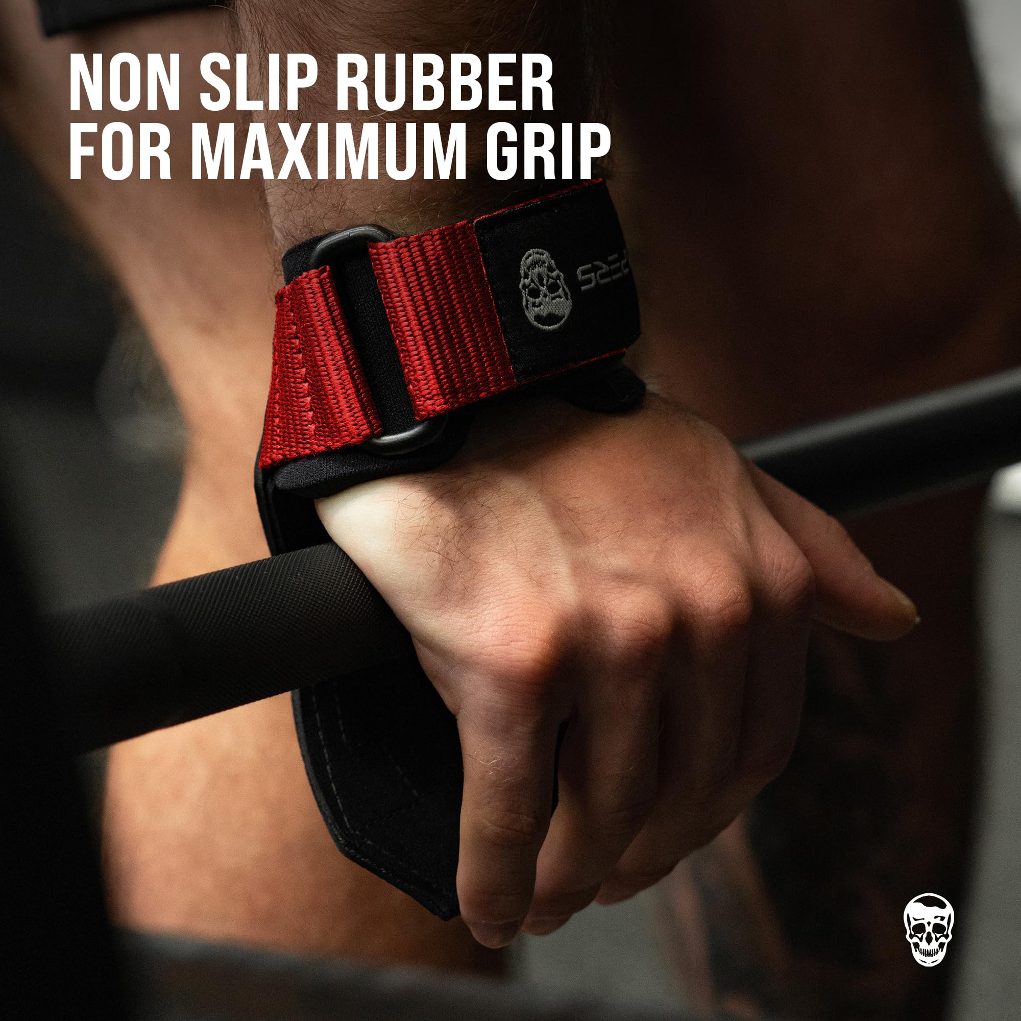 Gymreapers Weight Lifting Grips (Pair) for Heavy Powerlifting, Deadlifts, Rows, Pull Ups, with Neoprene Padded Wrist Wraps Support and Strong Rubber Gloves or Straps for Bodybuilding (Red, Medium)