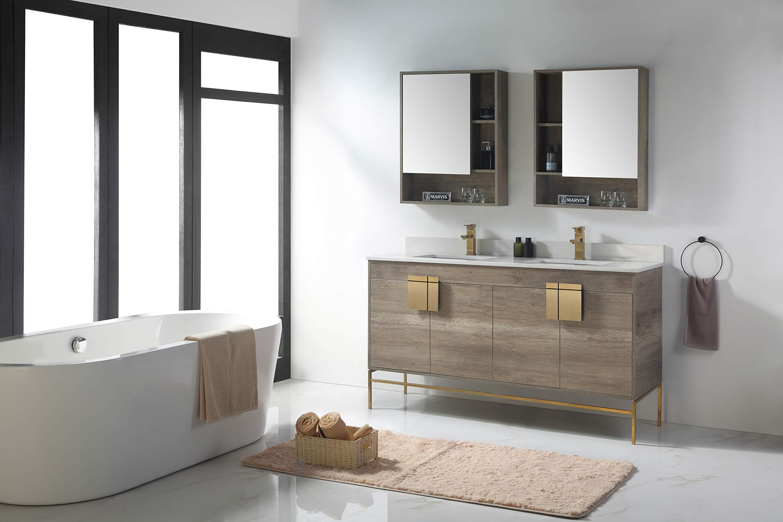 Fine Fixtures - Modern Grey 60" Bathroom Vanity Set, Satin Brass Hardware, Phoenix Stone Marble Top