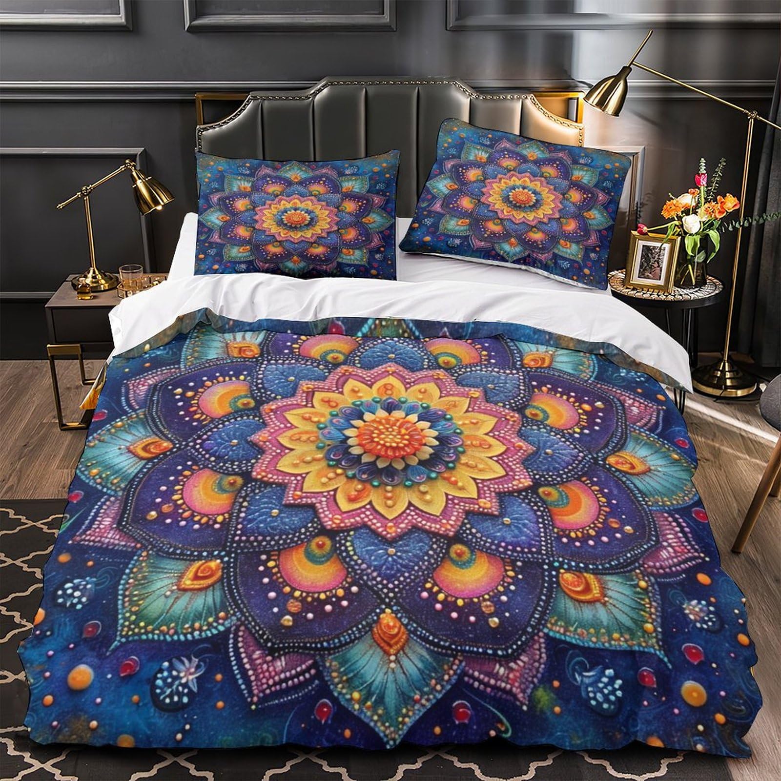 Bohemian Mandala 3D PrintedBeautiful Patterns Comforter Covers Bedding Set Quilt Cover Duvet Cover 3 Pieces for Childrens And Adults Microfiber with Pillowcases with Zipper Closure Queen(228x228cm)
