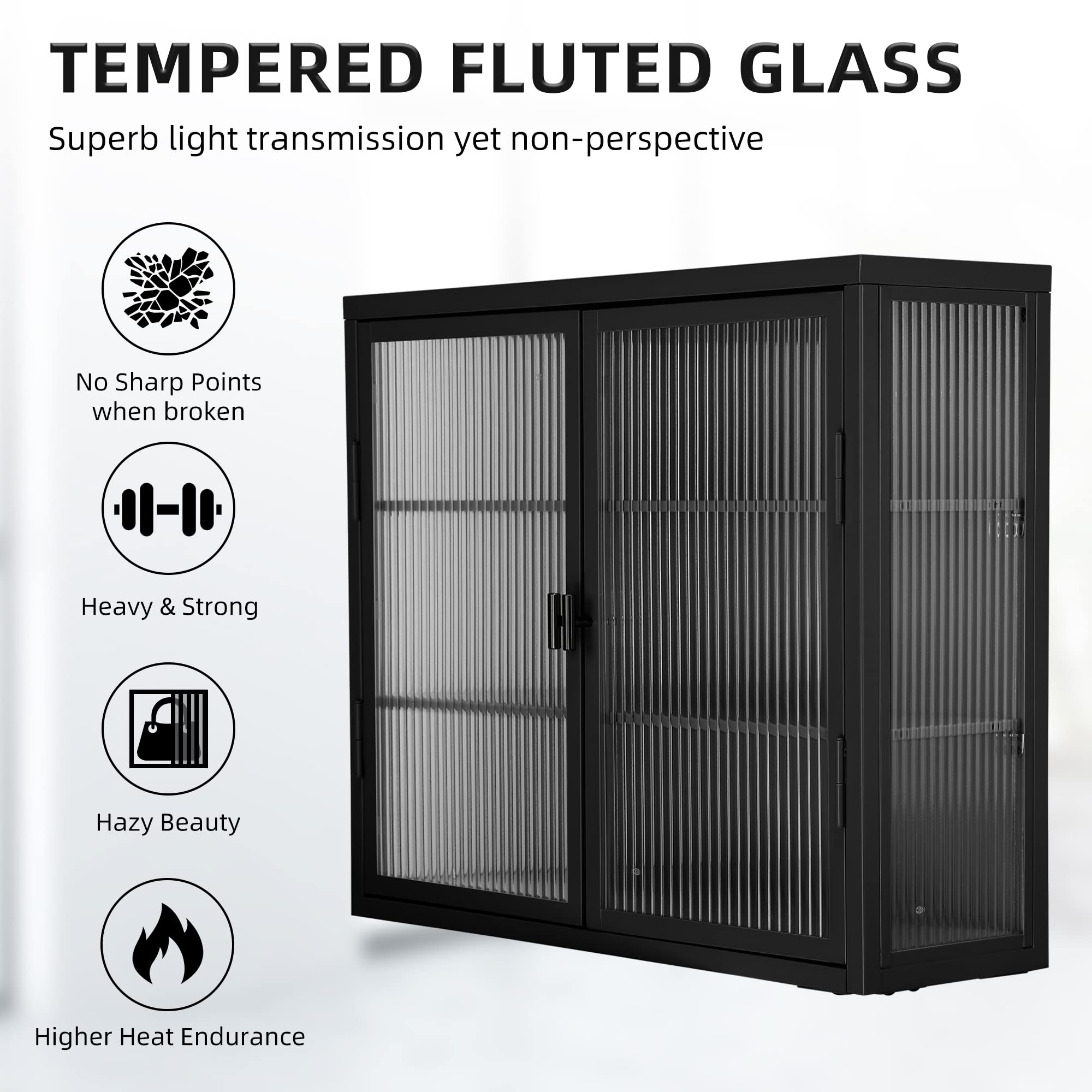AOCOROE Bathroom Cabinet Wall Mounted with 2 Glass Doors, 3 Metal Shelves, Metal Hanging Cabinet, Wall Cabinets w/Doors & Detachable Shelves for Office, Dining Room Living Room Kitchen Bathroom,Black
