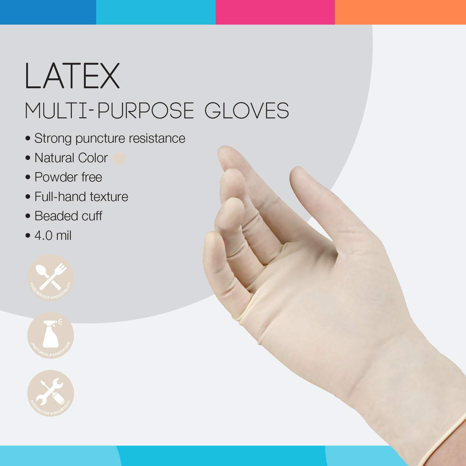 ASAP Latex Powder Free Multi-purpose Gloves, Disposable, 4.0 mil, Natural Latex (Large - Box of 100)