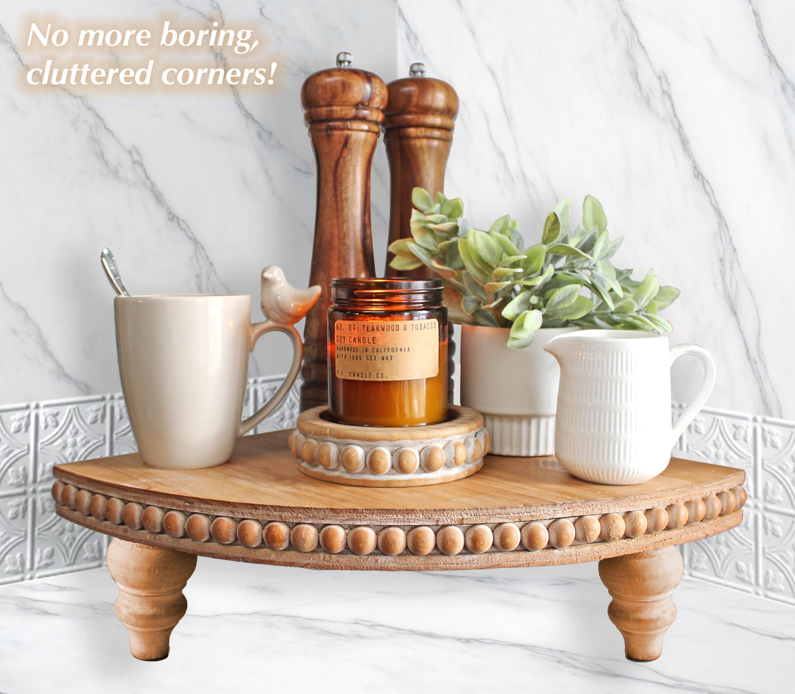 Farmhouse Corner Shelf Stand [with Removable Feet] - Bathroom Countertop Organizer, Decorative Tray Riser, Beaded Wooden Tray, Corner Tray Plant Stand, Coffee Bar Organizer for Kitchen Countertop