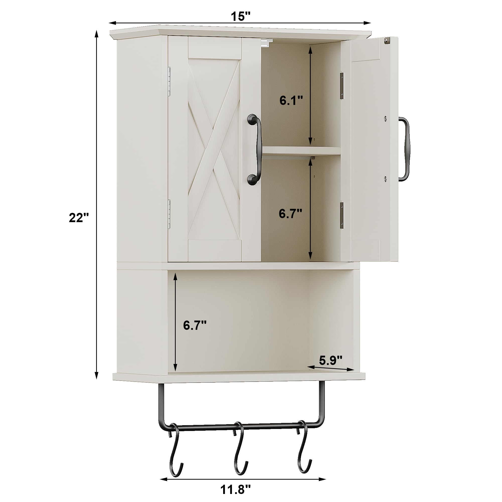 ChooChoo Farmhouse Medicine Cabinet, Bathroom Wall Cabinet with Adjustable Shelf, Towel Bar, 3 Hooks, Over The Toilet Storage Cabinet for Bathroom, Kitchen, White