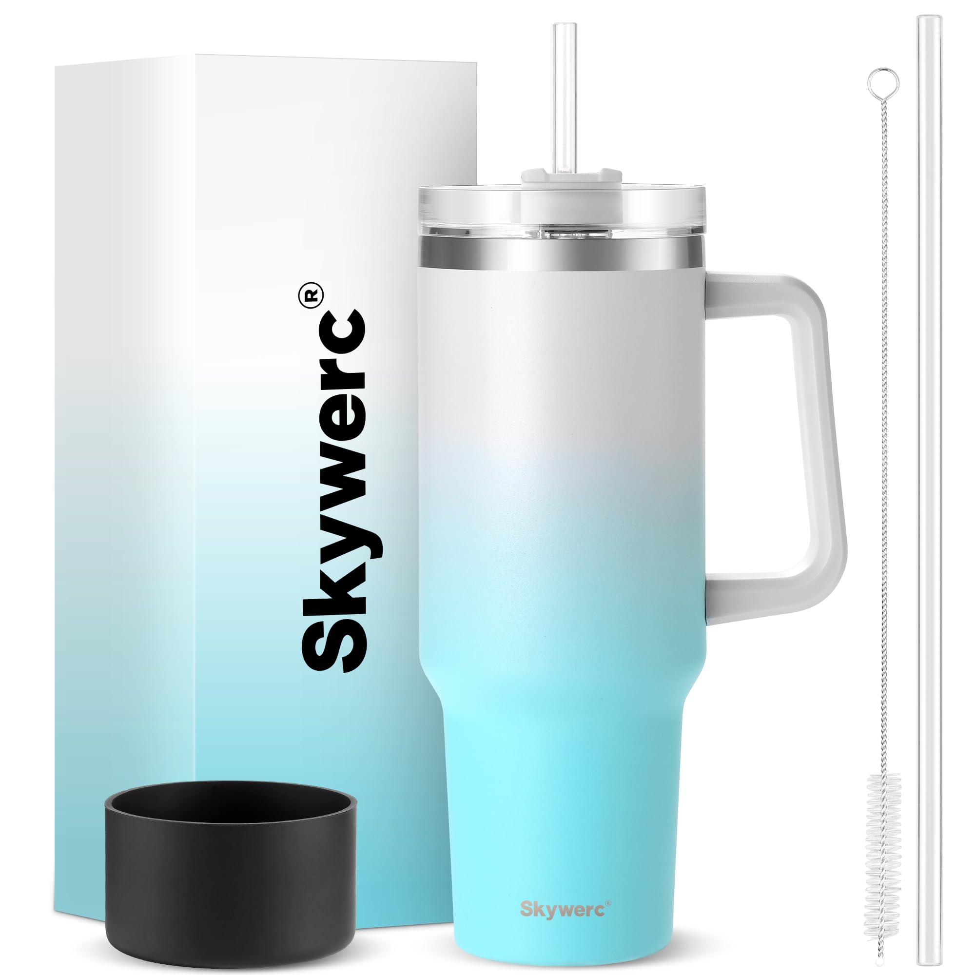 Skywerc 40 oz Tumbler With Handle and Straw Lid | Double Wall Vacuum Insulated Travel Mug | Stainless Steel Water Bottle Cup | Keeps Drinks Cold up to 34 Hours | Cupholder Friendly | Ocean