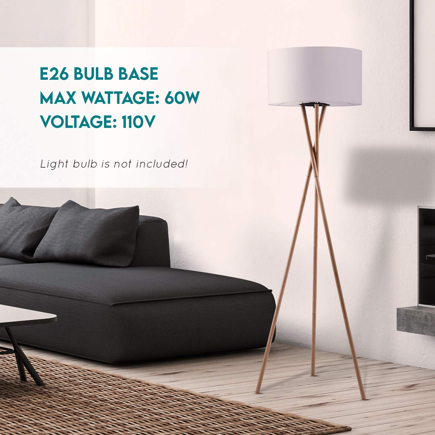 Archiology Tripod Floor Lamp - Modern Wood Floor Lamp with White Drum Shade and E26 Lamp Base,Perfect for Living Room, Bedroom, Study Room and Office
