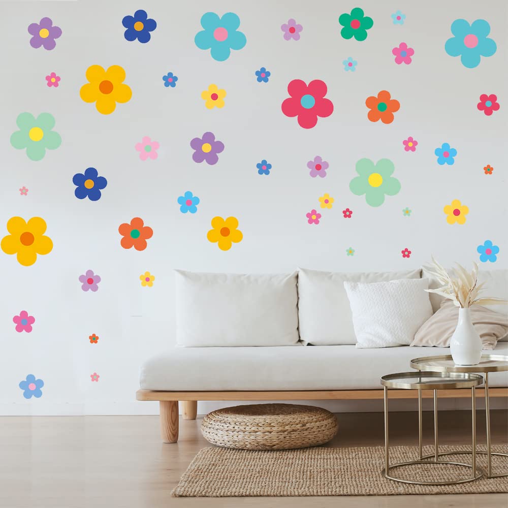 BAISDY 48pcs Cute Flowers Wall Decals Assorted Color Aesthetic Wall Stickers for Nursery Girl Bedroom Kids Room Decor