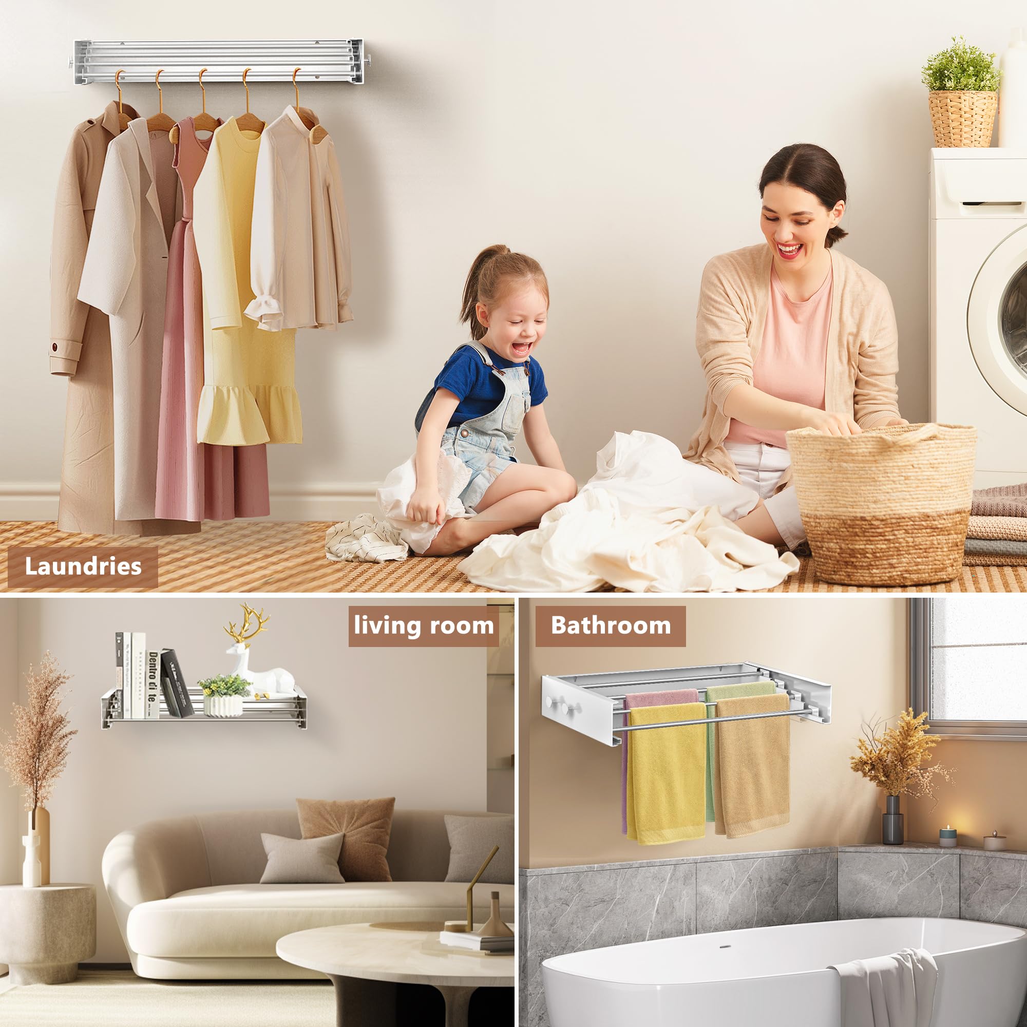 CRJKIJ Wall Mounted Laundry Drying Rack for Clothes - Foldable Conceal Drying Rack,4 Stainless Rods Heaving 48 lb Capacity (White, 23.6")