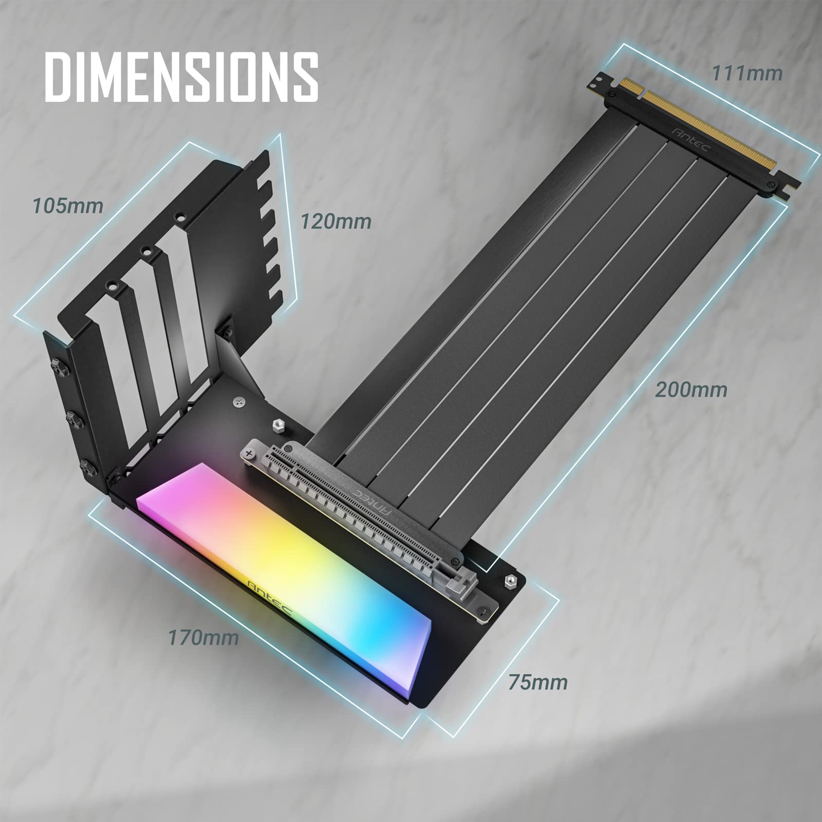 Antec Vertical GPU Mount, 5V-3Pin RGB GPU Vertical Mount, PCIE 4.0 Riser Cable High Speed Flexible Extender Card Extension Port 90 Degree 200mm, Black (only Support Full-Break PCIE Expansion Slot)
