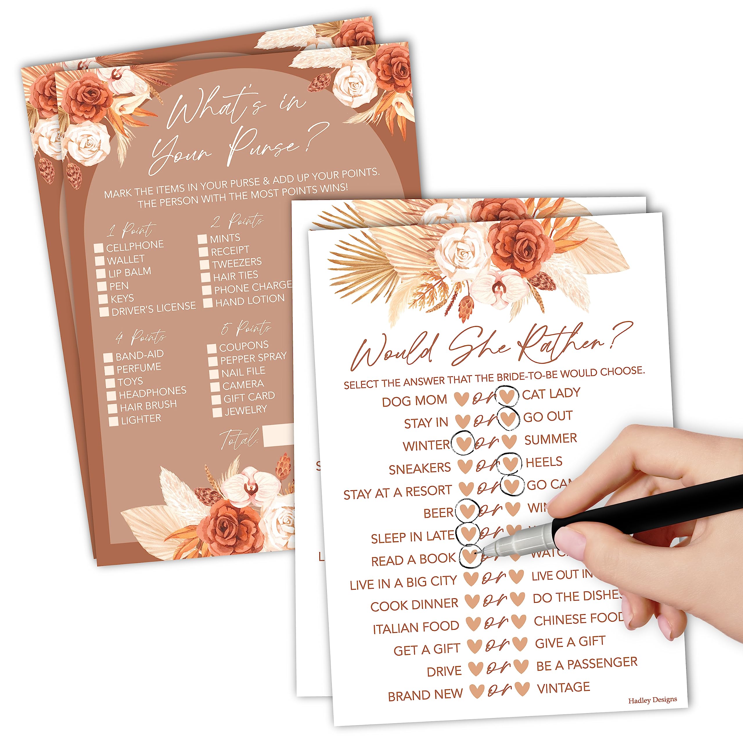 Hadley Designs 20 Boho Hilarious Bridal Shower Games For 20 Guests - Couples Wedding Shower Games, Would She Rather Bridal Shower Game Set, Whats In Your Purse Game Bridal Shower