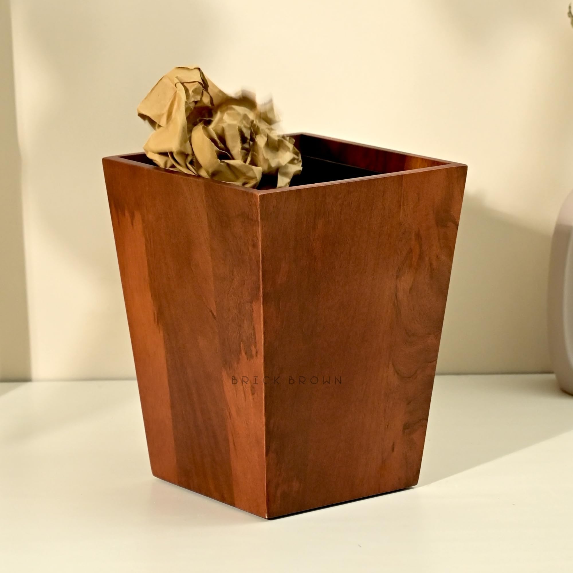 Brick Brown Premium Solid Wood Trashbin Multipurpose Furniture Basket for Home Living Room Office | Dustbin with Removal Metal Inner Liner from Mahogany Collection (Dwindle, 8x8x9.8 Inch)