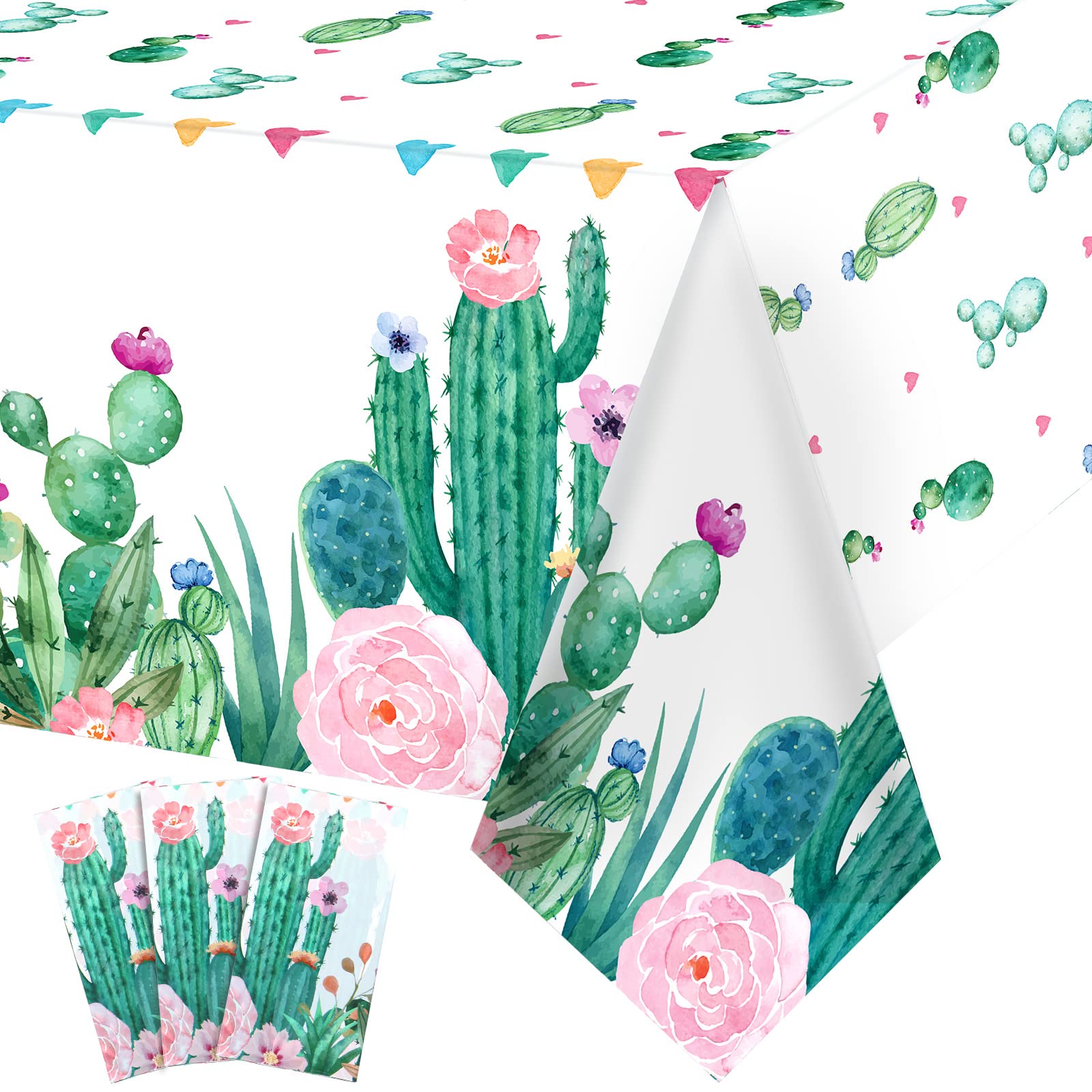 Breling 3 Pieces Watercolor Cactus Tablecloth Plastic Waterproof Table Cover for Birthday Party Decorations Kitchen Dining Room Party Supply, 108 x 54 Inches