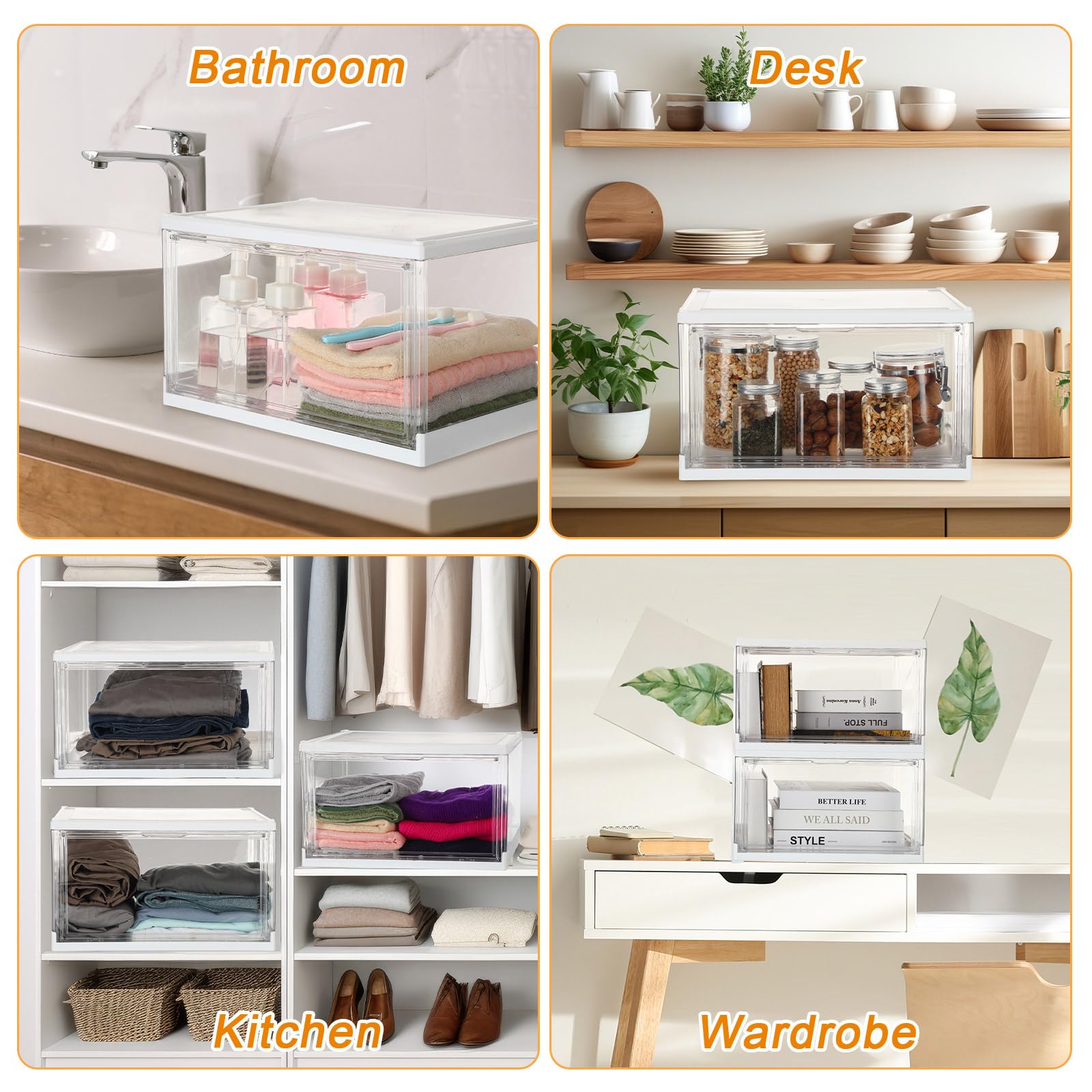 CroBlissful 3 Pcs 15 x 11 x 8.8 Inches Clear Stackable Storage Bins with Lids Collapsible Plastic Closet Organizer Foldable Closet Containers for Office Garage Clothes Living Room Bedroom