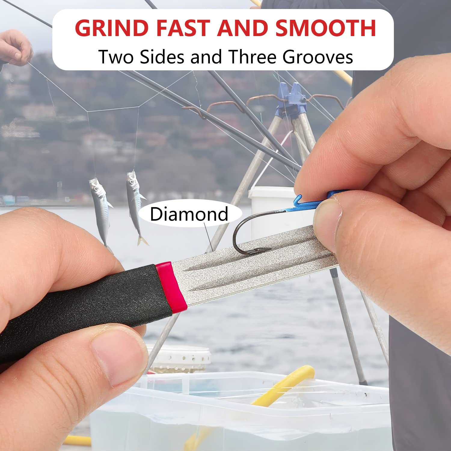 Armiika Fish Hook Sharpeners, 4 Inch Portable Double Groove Fishing Hook Sharpening Hone Hook Sharpener Hook File with Handle,Double Sided Diamond Handle Fine and Medium Grit Grinding Tool