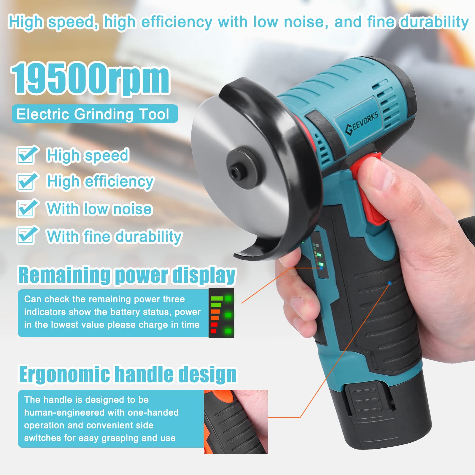 Angle Grinder, Geevorks Mini Angle Grinder Cordless 12V 19500RPM, with 2PCS 1500mAh Battery/Nylon Cutting Blade-s/Grinding Disc/Metal Cutting Disc