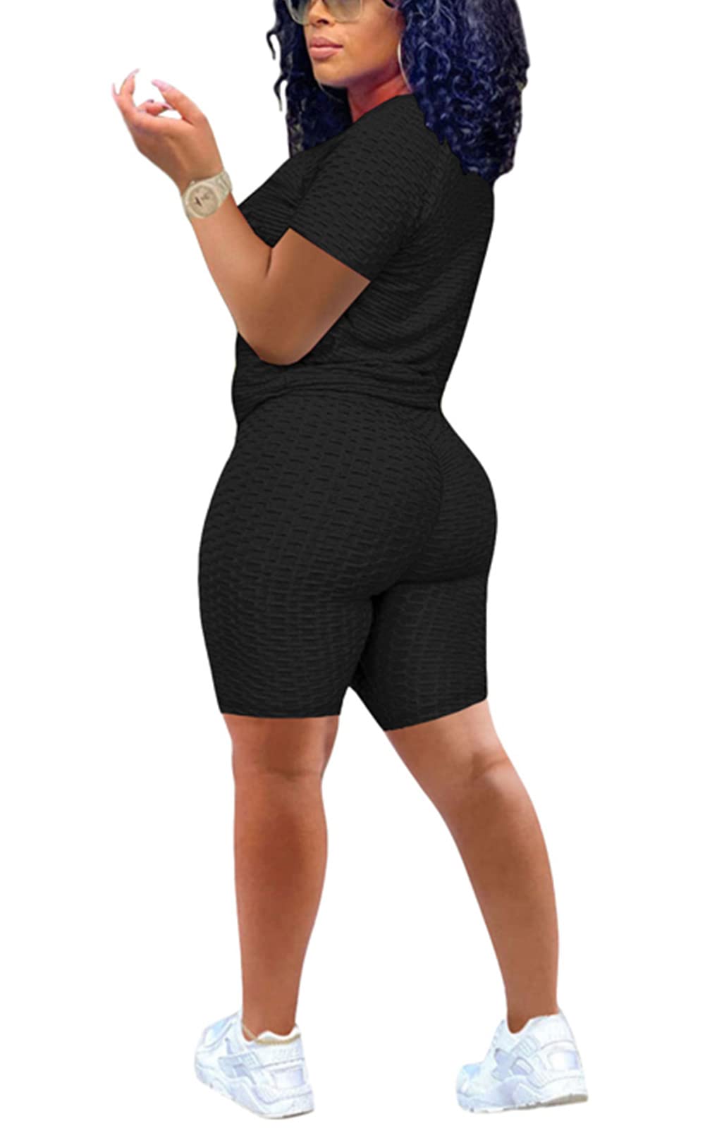 Angsuttc Summer Outfits for Women, Textured Track Suits Short Sleeve Tops Biker Shorts Two Piece Workout Set Black L