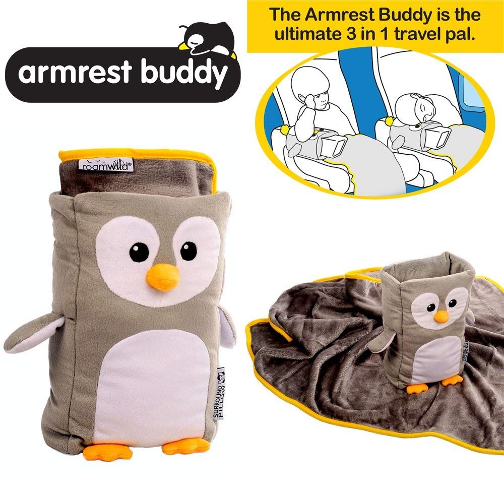 Roamwild Kids Travel Pillow and Travel Blanket Set - 'Tux' Armrest Buddy Transforms Any Armrest Into a Comfy Childs Pillow
