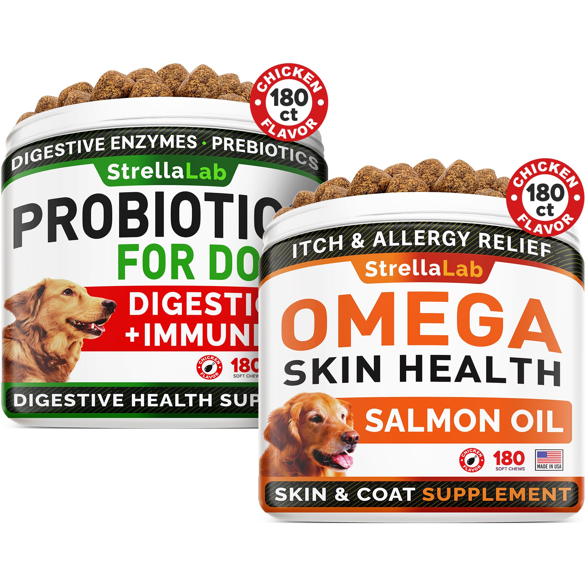 Dog Probiotics Treats for Picky Eaters Bundle + Fish Oil Omega 3 Treats for Dogs - Allergy Relief, Joint Health, Itch Relief. Skin & Coat Supplement + Enzymes + Prebiotics for Digestion Support