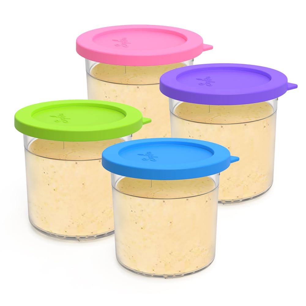 ARCOOLOR Containers Replacement for Ninja Creami Pints and Silicone Lid, 4 Pack, Compatible with NC299AMZ & NC300s Series Ice Cream Maker with E-Cookbook, Airtight & Dishwasher Safe (Pink, Purple)