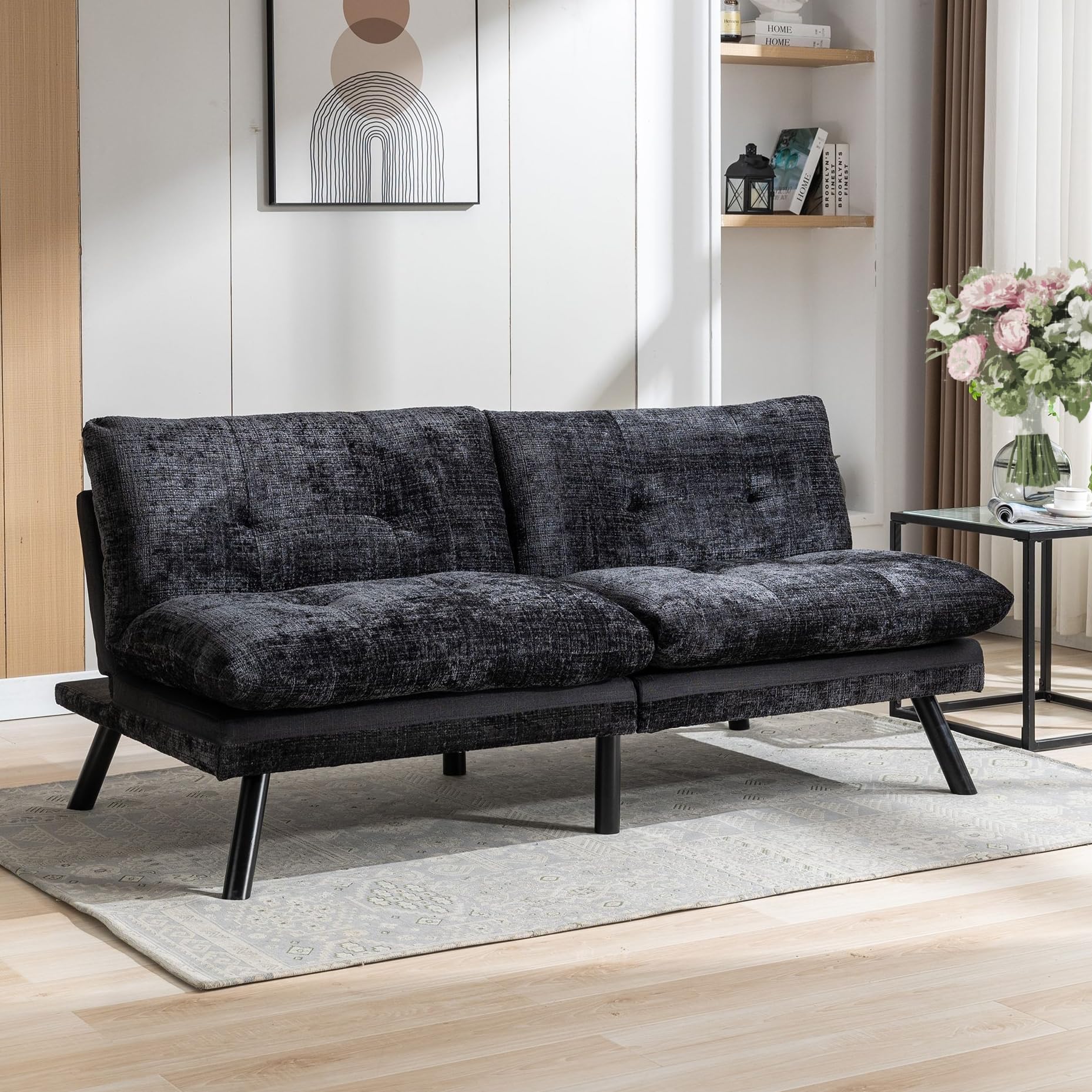 Futon Sofa Bed, Convertible Sleeper Sofa with Adjustable Backrest, Loveseat Futon Bed with Black Metal Legs, Breathable Lounge Couch for Apartment, Studio, Office, Small Space (Grey)