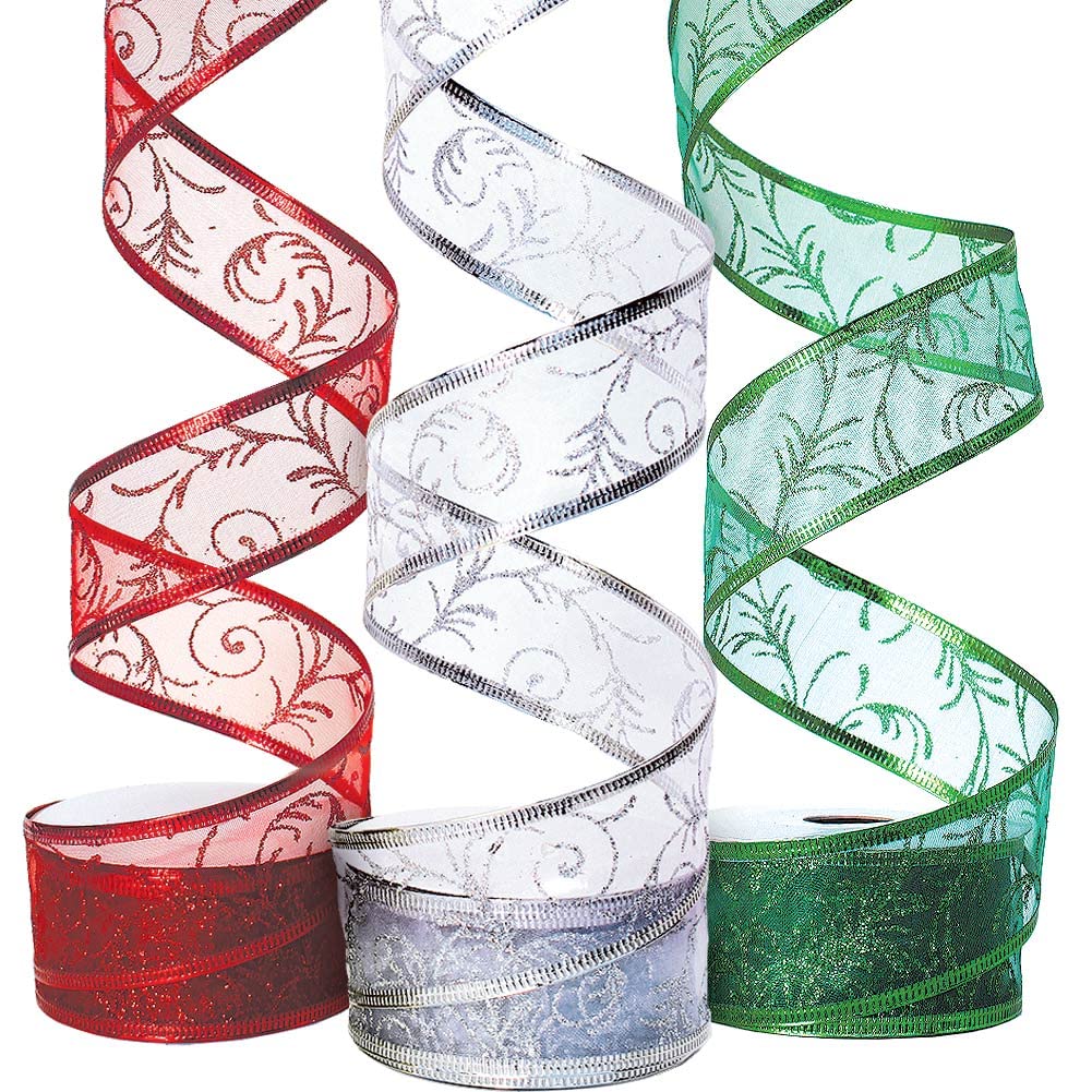 Christmas Ribbon for Gift Wrapping Ribbons Wired 1.5 Inch Set of Ribbon Wire Red Green Silver/White Sheer Organza Glitter Gift Wrap Xmas Tree Decoration Holiday Craft Gifts 30 Yards / 10 Yard Ea. Roll