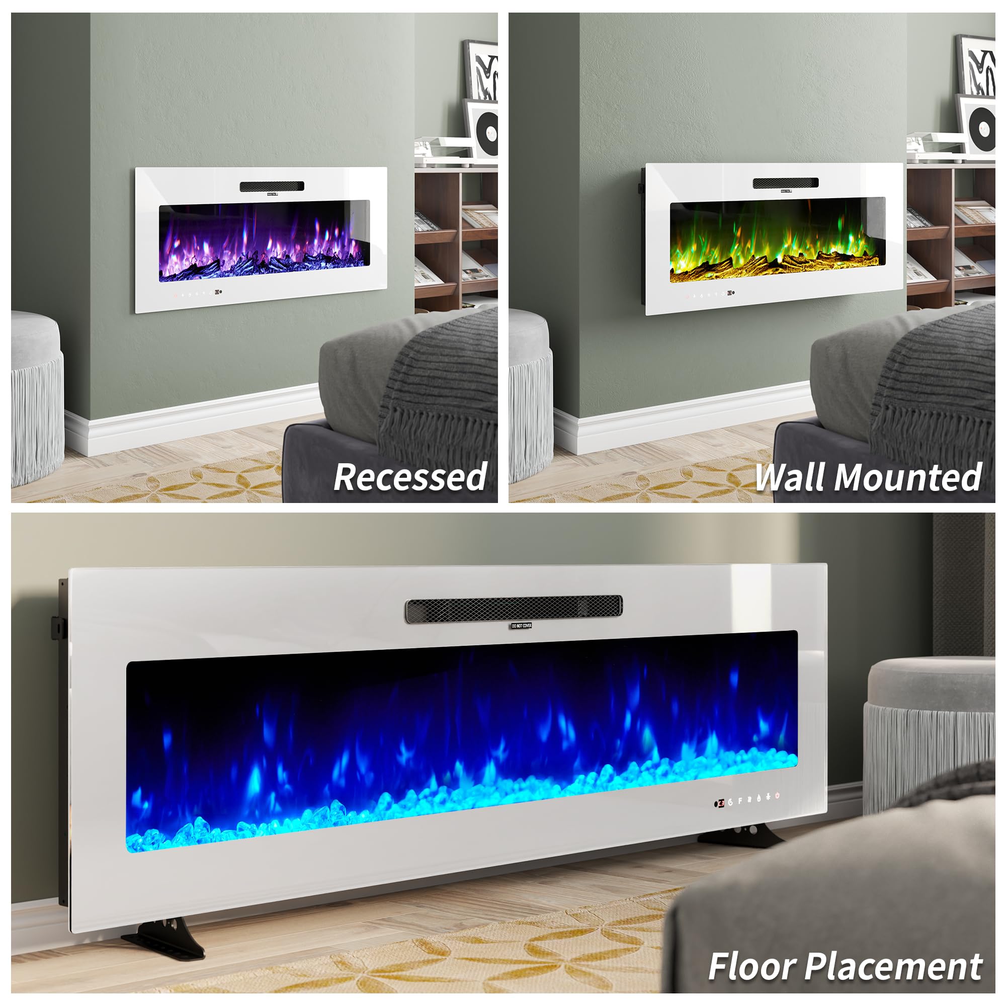 Amerlife 50" Electric Fireplace Wall Mounted, Recessed and Freestanding, Fireplace Heater W/12 Flame Color and Brightness, Touch Screen & Remote Control, Log Set & Crystal Included, White