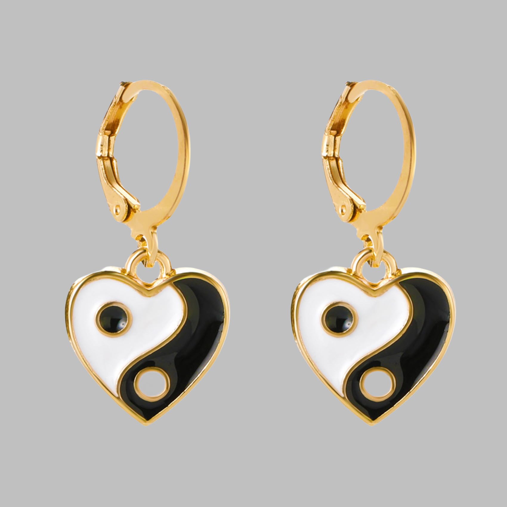 Atmneris Heart Yin Yang Dangle Hoop Earrings Enamel Statement Earring Small Hoop Mini Huggie Earrings for Women,Black White