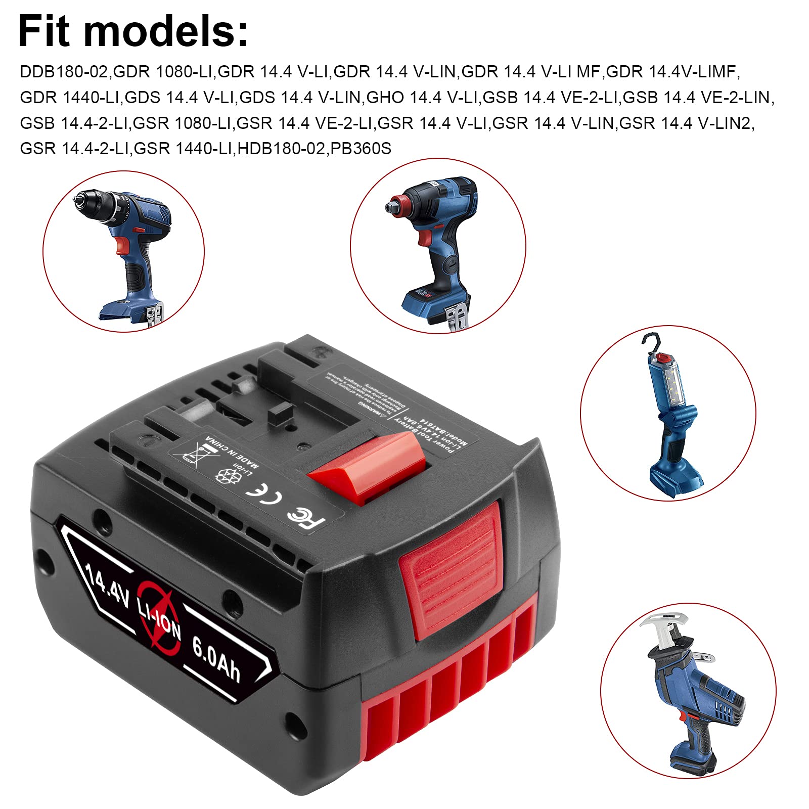 ARyee 6.0Ah Li-ion Battery Replacement for Bosch, 14.4V Compatible with Bosch Cordless Power Tool Li-ion Battery for BAT607 BAT607G BAT614 BAT614G