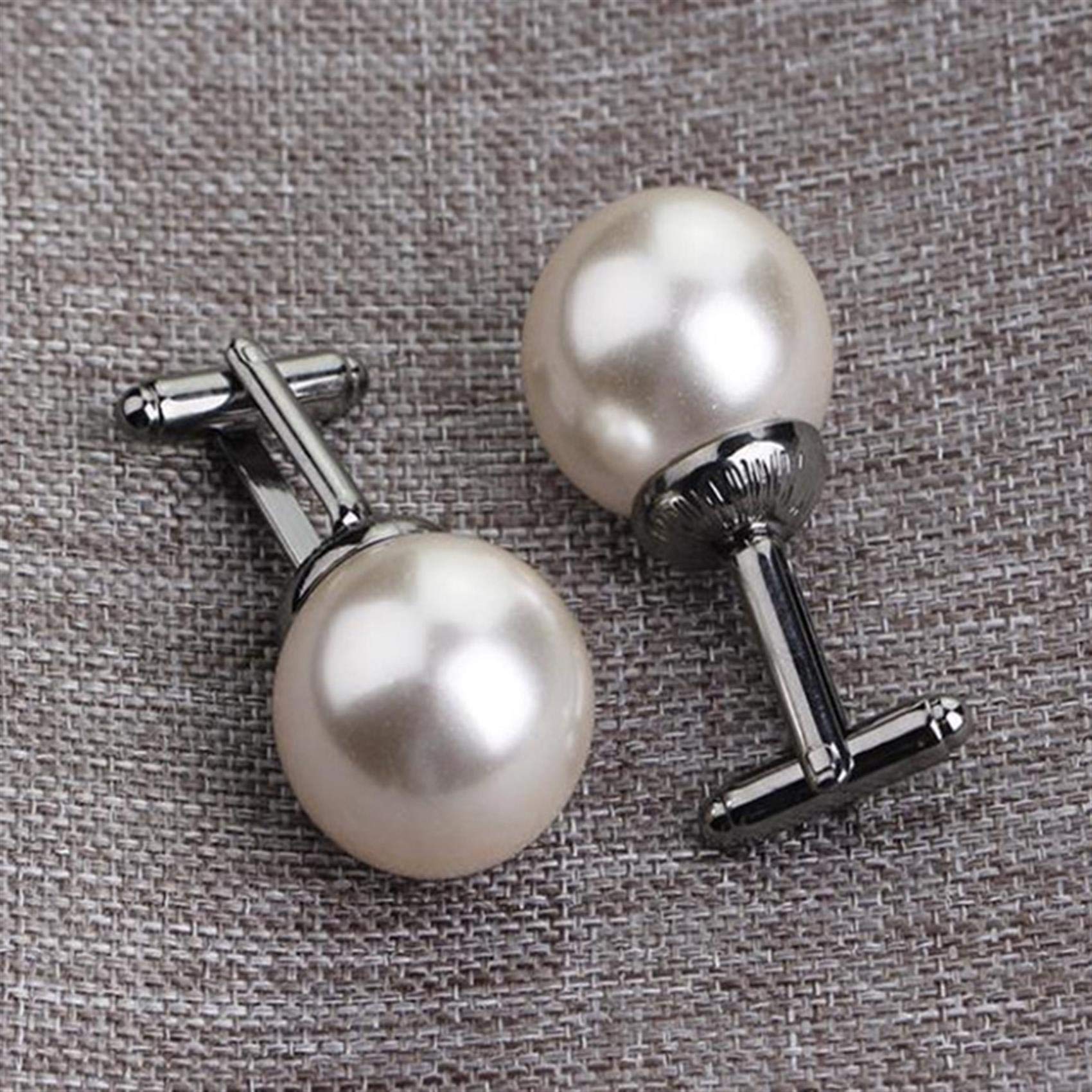 Atmneris Woman Men's Simulated Pearl Cufflinks and Studs for Shirts Business Wedding Formal Suit Cuff Link,Silver