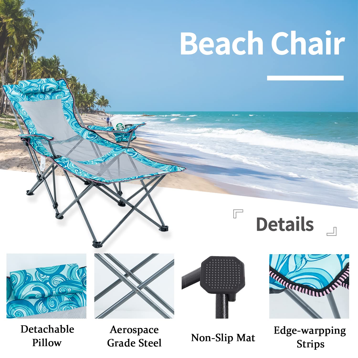 ARMOR CASTLE Portable Camping Chairs for Adults with Footrest Mesh Folding Recliner with Adjustable Cup Holder and Detachable Pillow, Heavy Support 300lbs, Blue