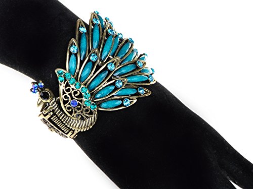 Alilang Womens Antique Golden Tone Peacock Bracelet Bangle With Turquoise Blue Gems, Blue