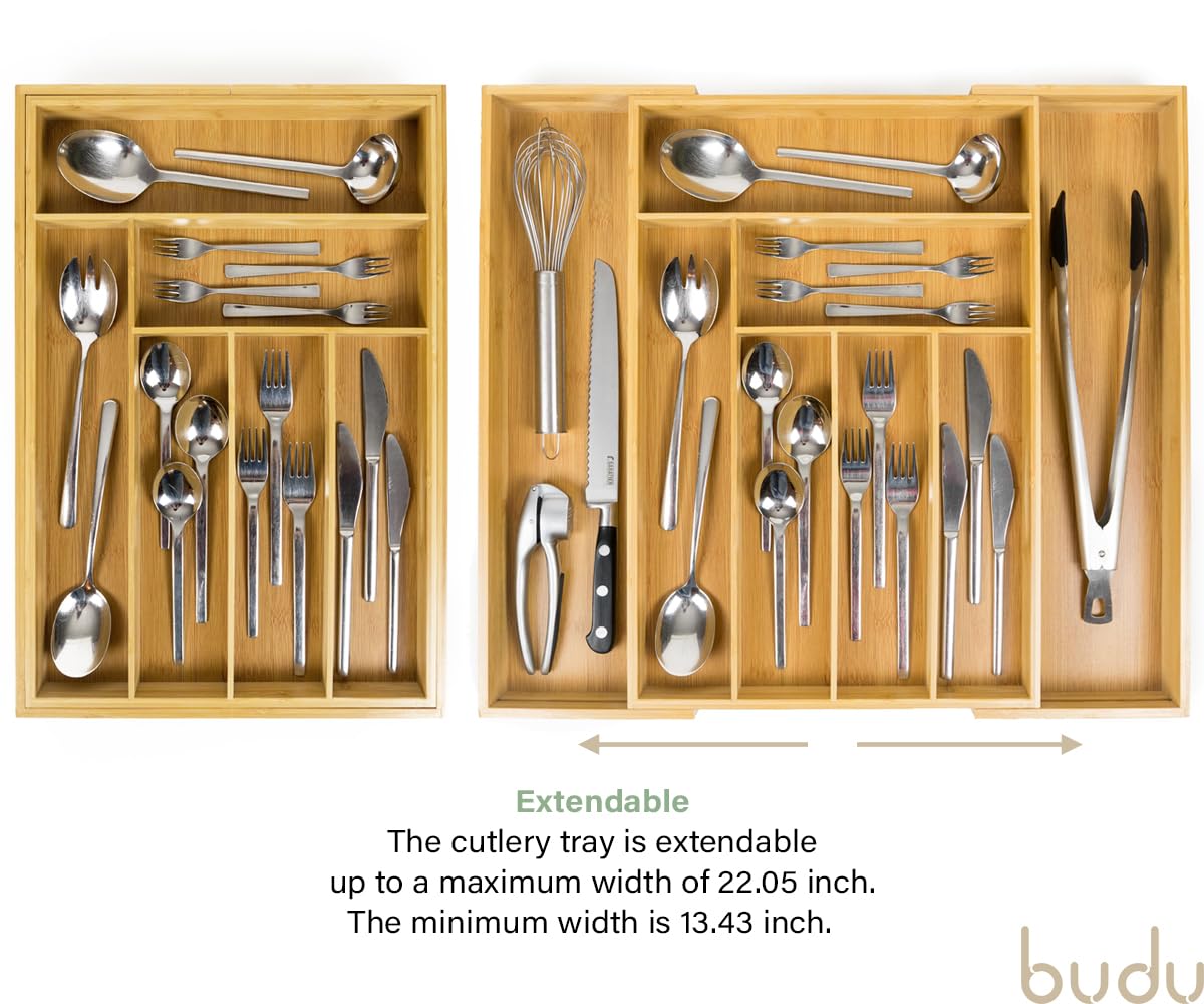 budu Silverware Drawer Organizer #19.7" Depth β Utensil Holder, Kitchen Drawer Organizers for Flatware, Cutlery β Perfect Utensil Organizer for Silverware & Other Kitchen Organization Tools & Storage