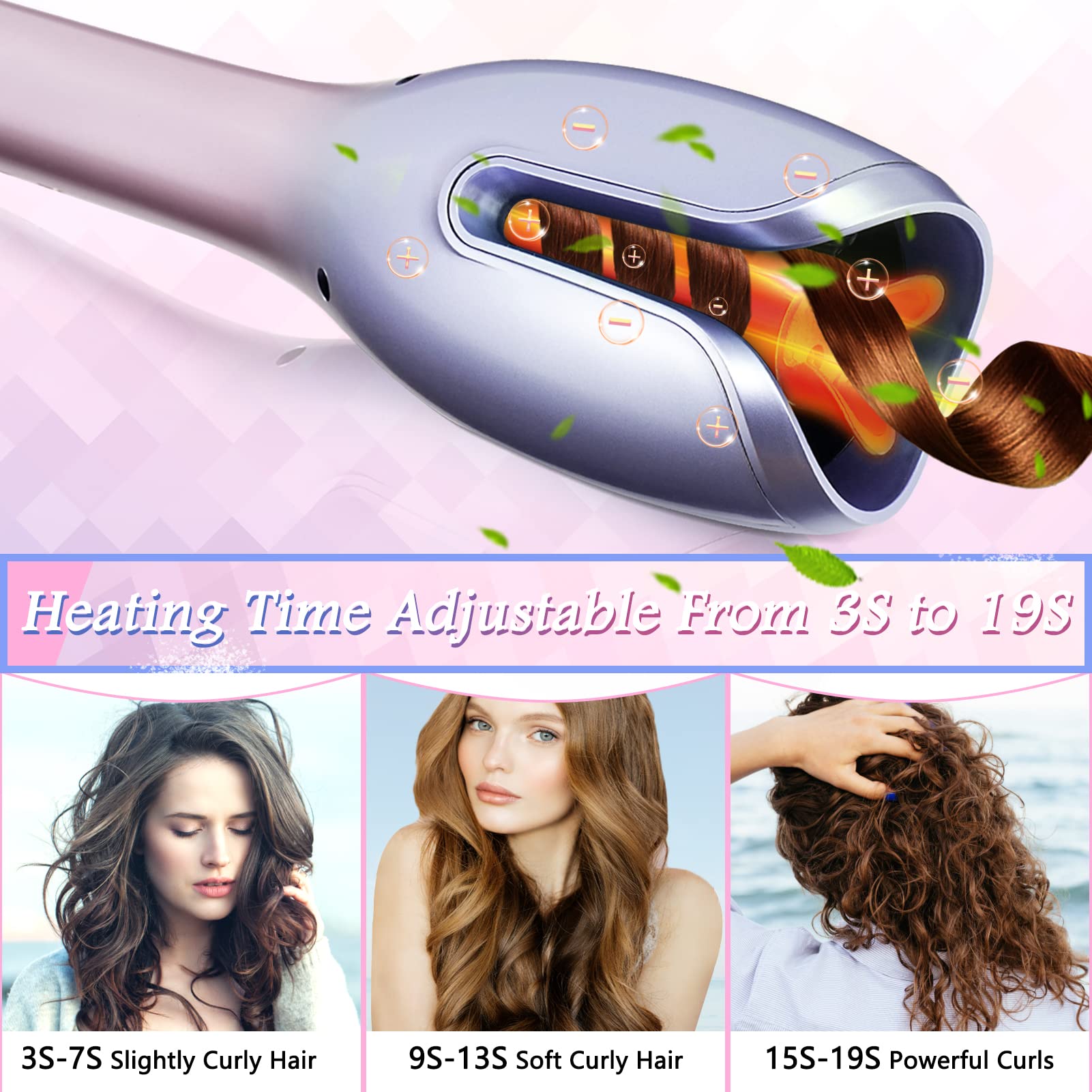 Augot Automatic Curling Iron, Portable Electric Curling Iron Hair Curling Wand with Adjustable Temperature and Timer, 30 Min Auto Shut-off, PTC Heating Automatic Hair Curler for Long Hair Styling Tool