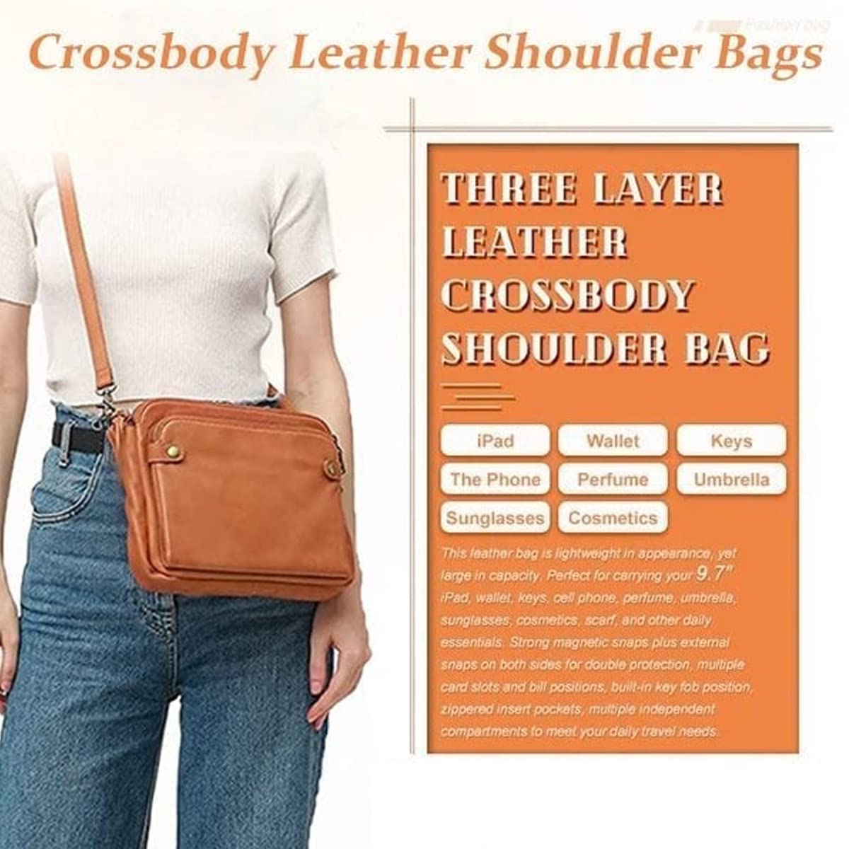 BALINS 2023 New Three-Layer Crossbody Leather Shoulder Bag, Womens Shoulder Bag and Clutch Bag, Womens Leather Shoulder Bag (Brown)