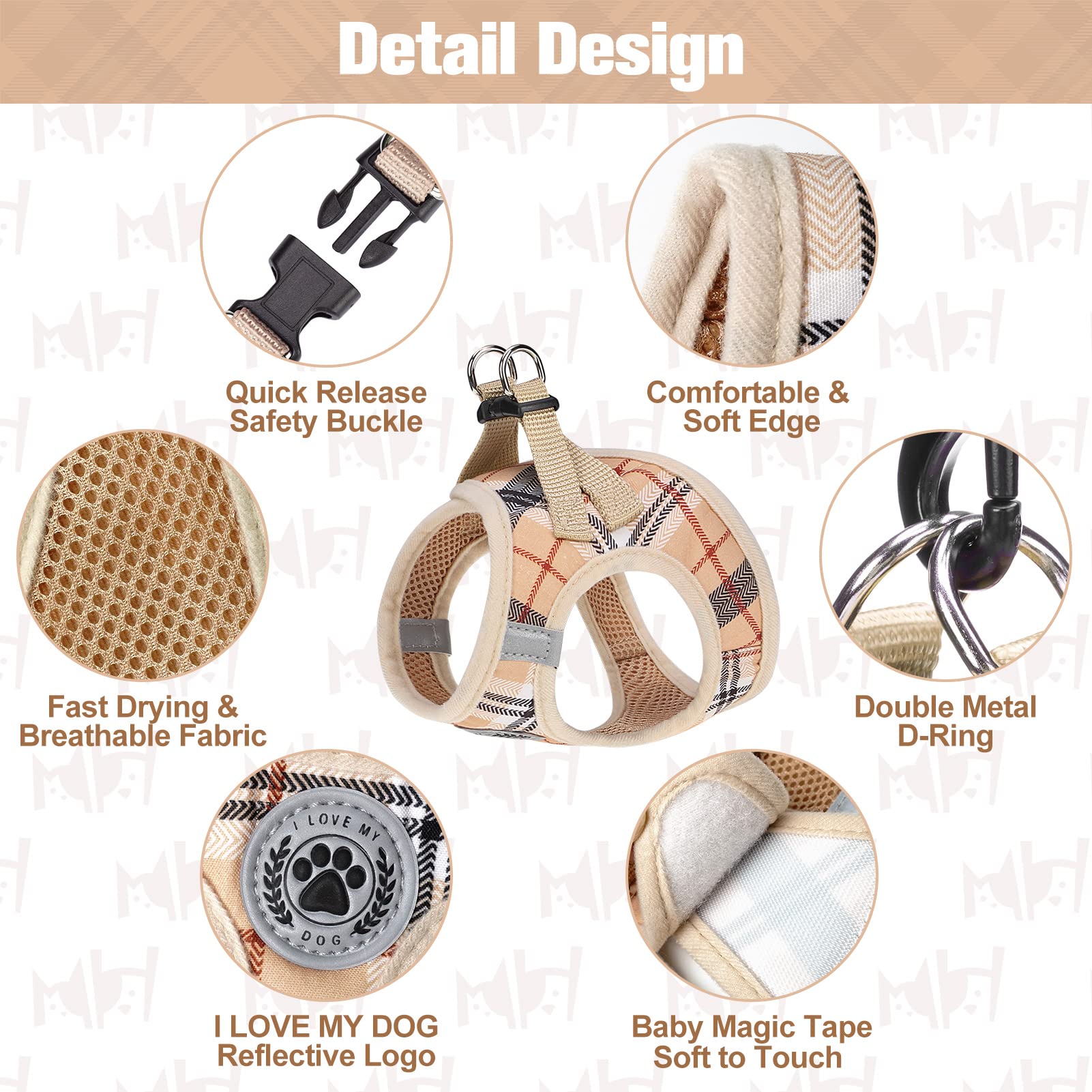BEAUTYZOO Small Dog Harness and Leash Set,Step in No Chock No Pull Soft Mesh Dog Harnesses Reflective for Extra-Small/Small Medium Puppy Dogs and Cats, Plaid Dog Vest Harness for XS S Pets, Beige XS