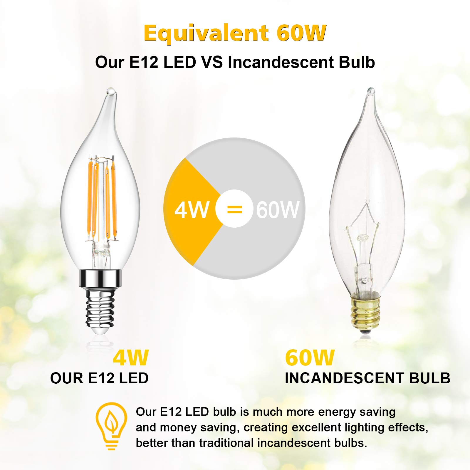 Ascher E12 Candelabra LED Light Bulb 95+ CRI, 40 Watt Equivalent, 450 Lumens, Warm White 2700K, Flame Tip Decorative LED Filament Candle Bulb, E12 Base, Non-Dimmable, Pack of 12