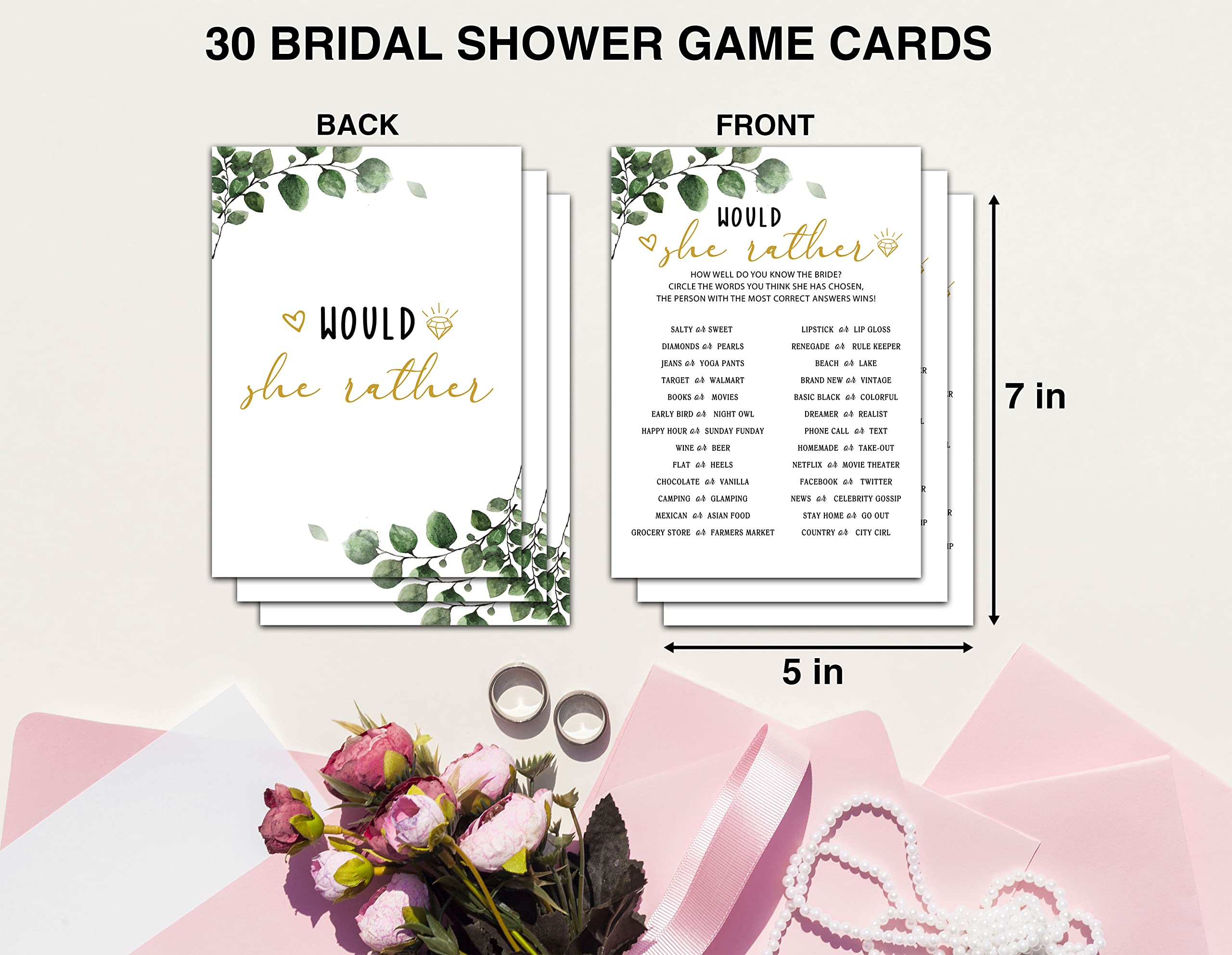 Bridal Shower Games - Greenery Engagement Party Game Cards For Wedding, Bachelorette Party - Bridal Shower Decorations - Would She Rather - 30 Cards(003)