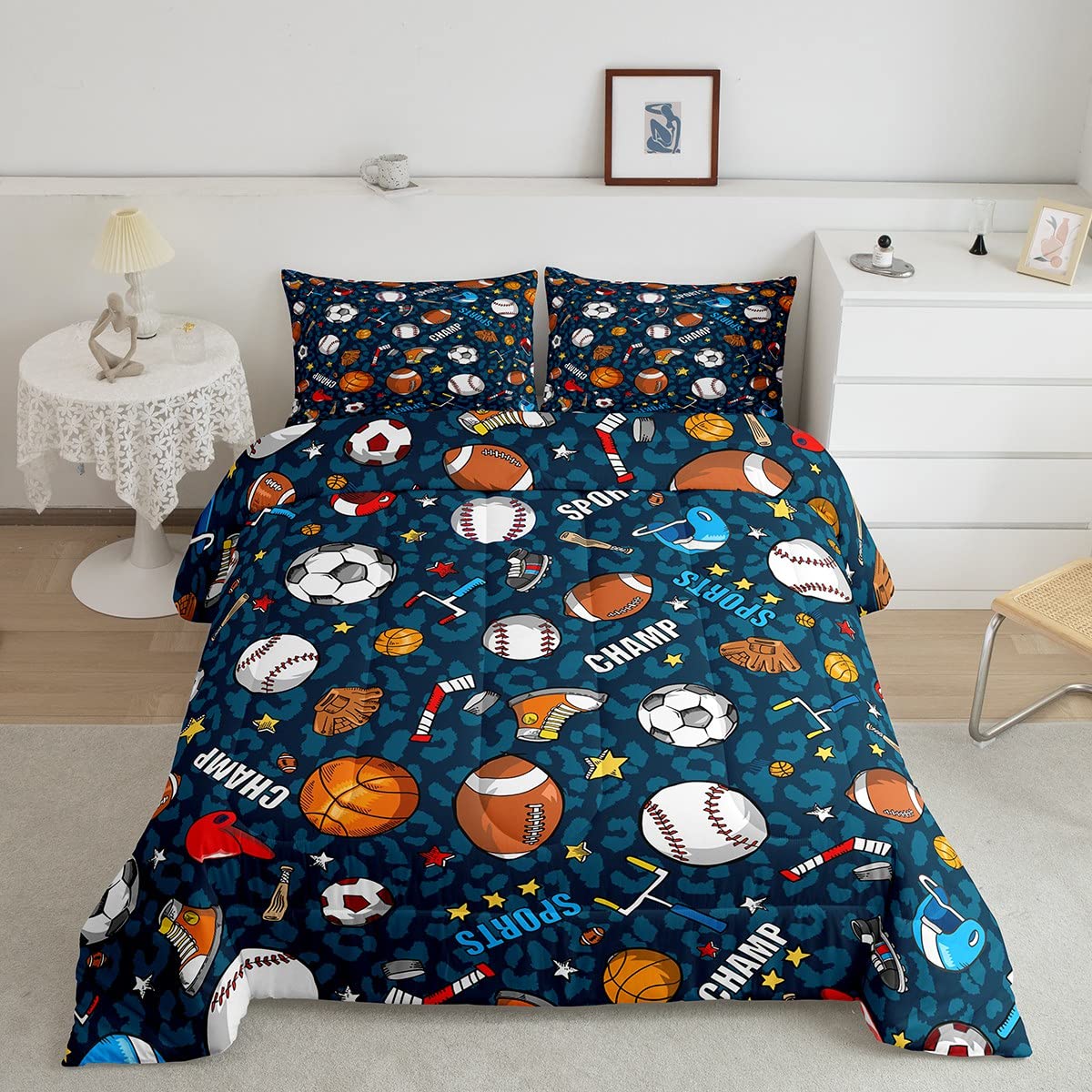 Ball Sports Bedding Set Cartoon Baseball Basketball Football Comforter Set Twin Size for Boys Kids Teens Bedroom Decor Navy Blue Leopard Quilted Duvet Colorful Sport Gaming Pattern Bedspread 2pcs