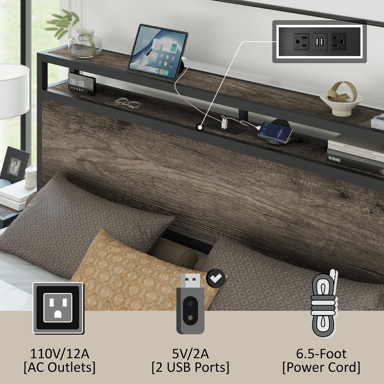 AMERLIFE King Size Storage Bed Frame, Wooden Platform Bed with Charging Station, 4 Drawers & Headboard/No Box Spring Needed/Noise-Free/Rustic Grey