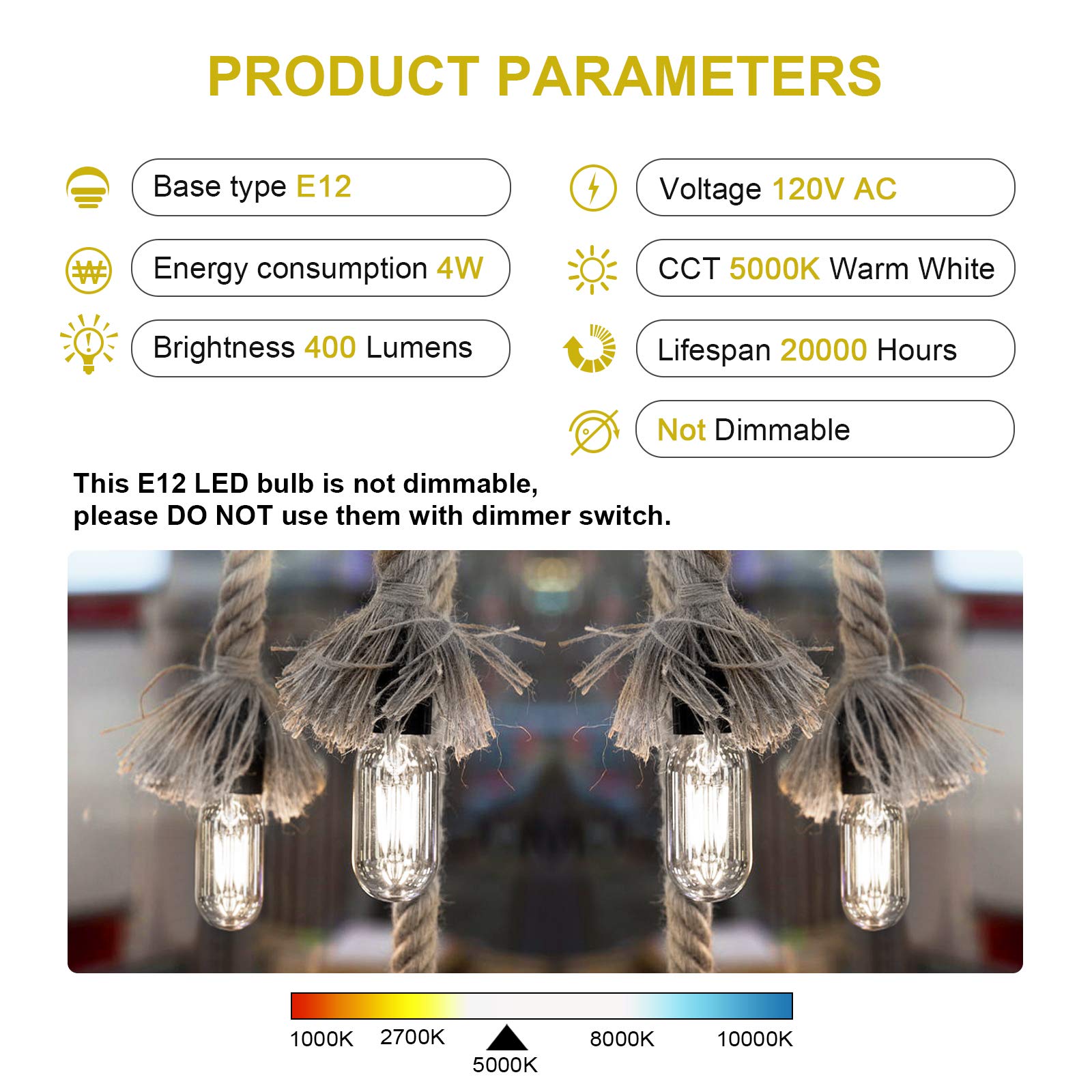 Ascher T6 LED Bulbs Candelabra Light Bulbs, 40W Incandescent Replacement, 400lm, Daylight White 5000K, Non-Dimmable, E12 Base, Pack of 12