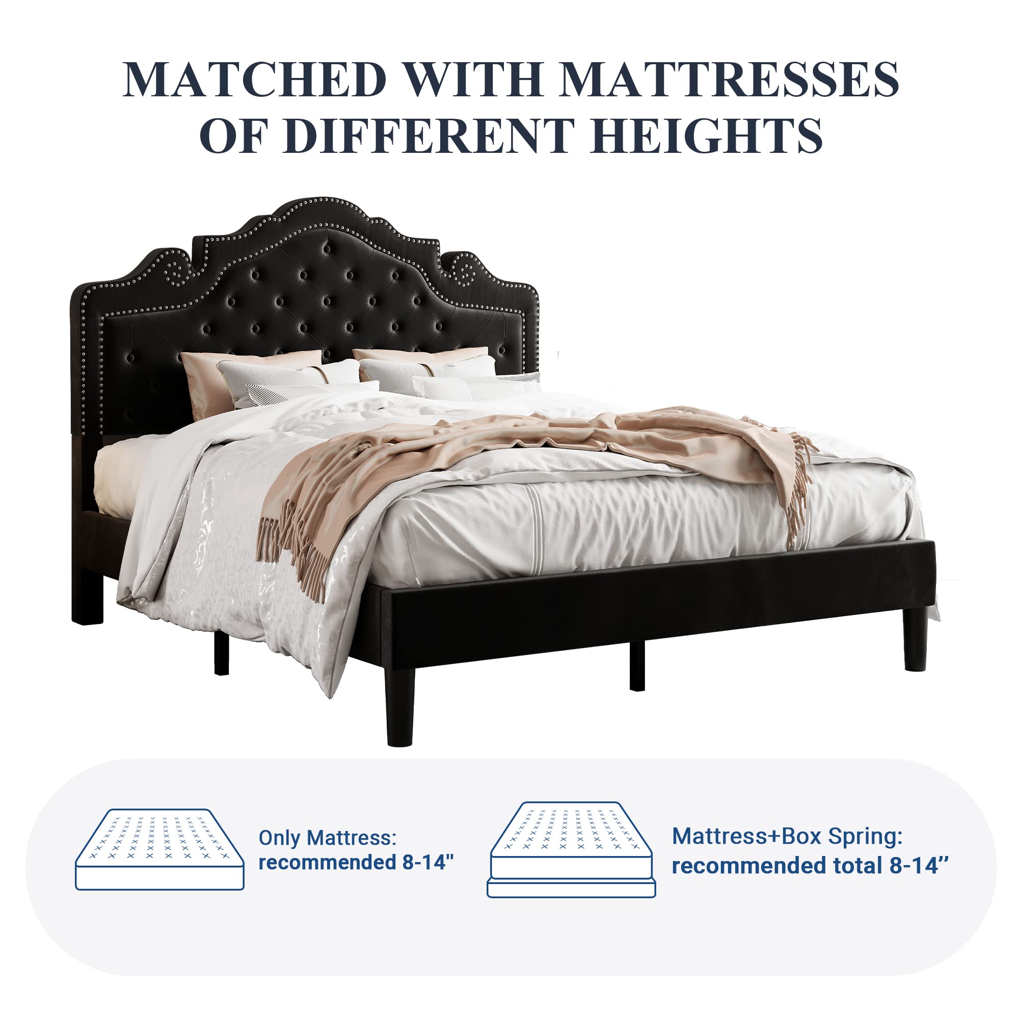 Allewie Queen Bed Frame with Velvet Tiara Headboard, Upholstered Diamond Button Tufted Platform Bed, Sturdy Wood Slats Support, No Box Spring Needed, Mattress Foundation, Easy Assembly, Black
