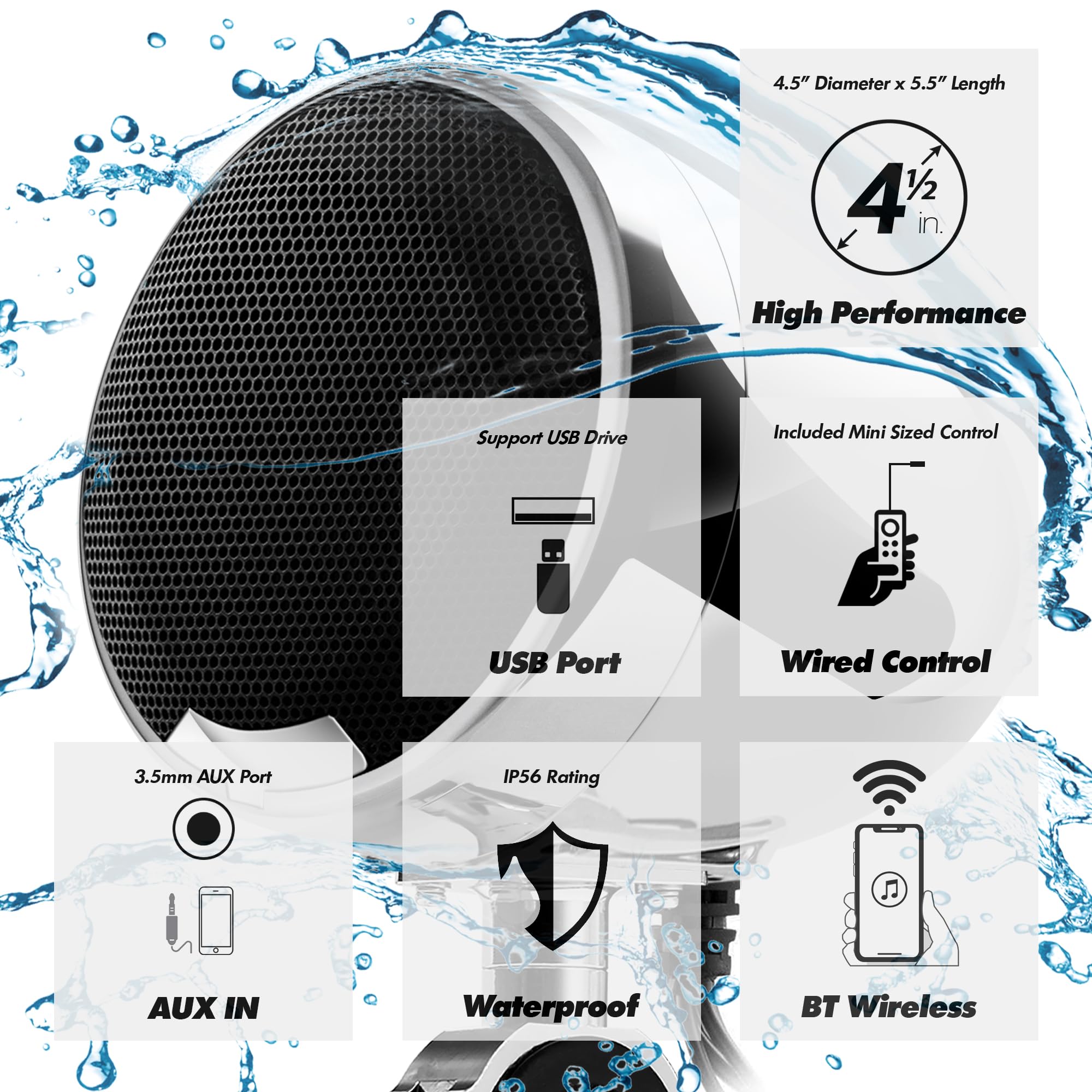 GoHawk AN4-X All-in-One Built-in Amplifier 4.5" Full Range Waterproof Bluetooth Motorcycle Stereo Speakers Audio Amp System, 1 to 1-1/4" Ape-Hanger Handlebar Harley Custom Touring Cruiser Chrome