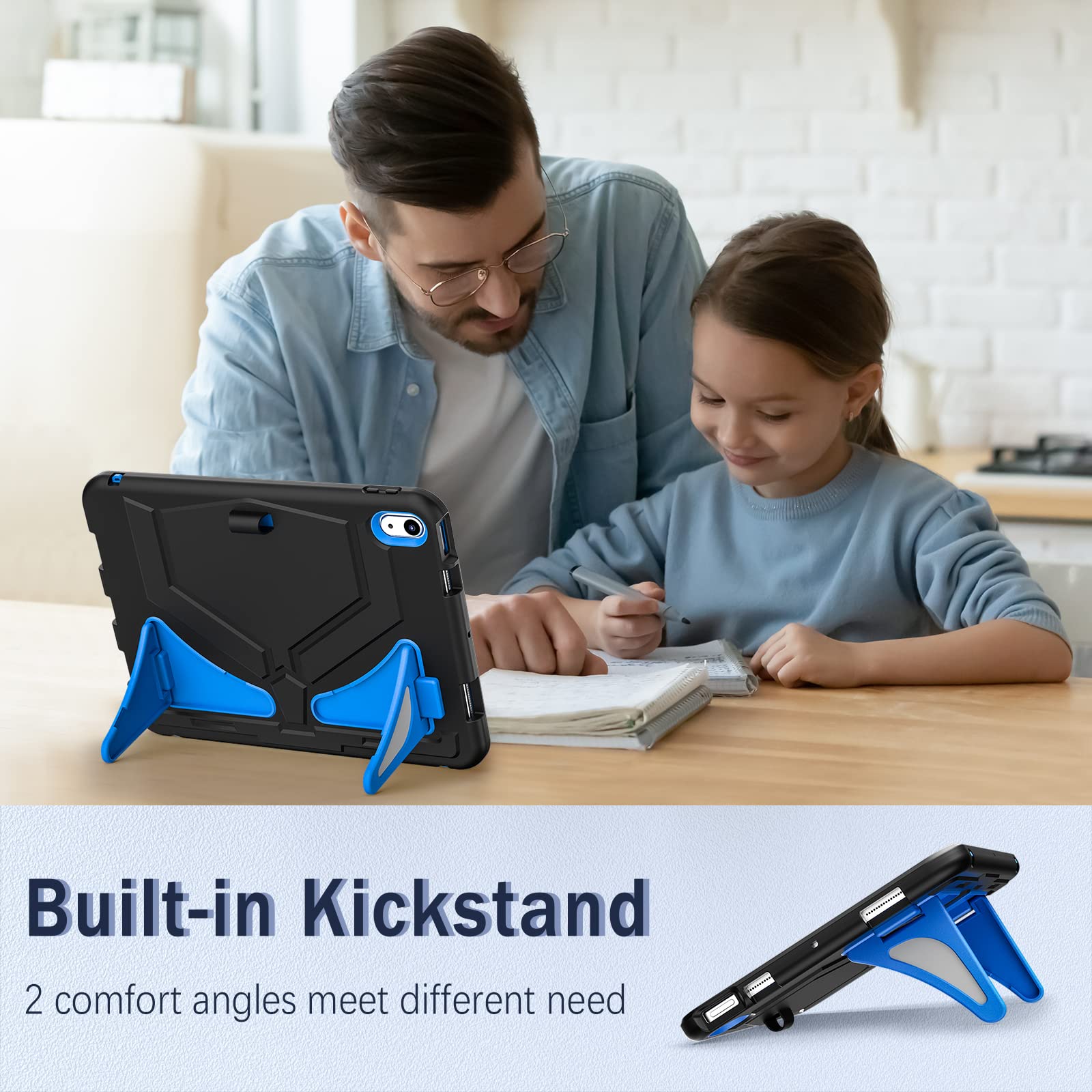 Auizotl 10th Generation Case, Kids Friendly Case 10th Generation with Pencil Holder Shoulder Strap Kickstand, Heavy Duty Shockproof 10th Gen Case 10.9 Inch for Kids 2022, Black Blue