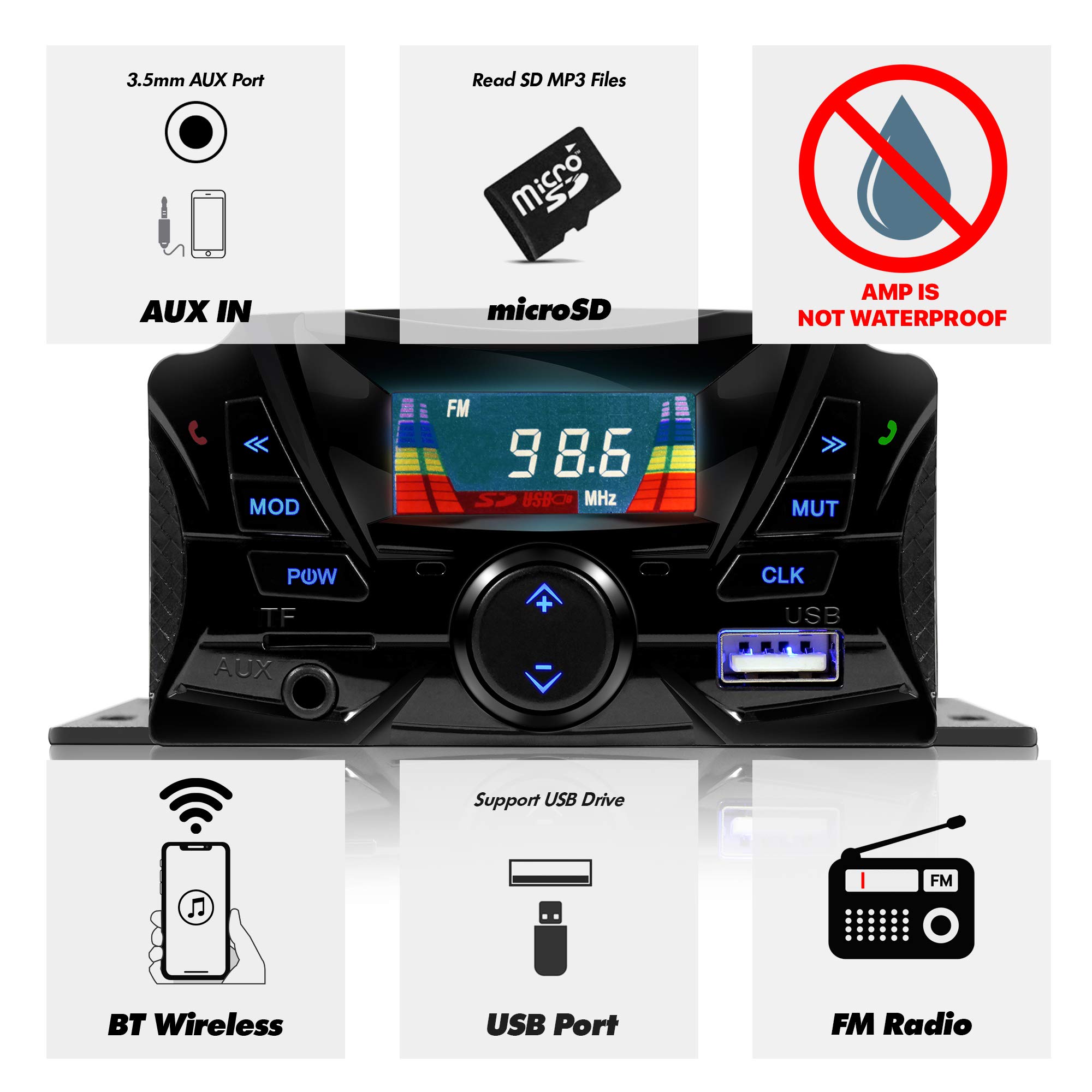 GoHawk TS3 Motorcycle Weatherproof Bluetooth Speakers 7/8-1.25 in. Handlebar Mount MP3 Music Player Sound Audio Stereo Amplifier System ATV AUX, USB, Micro SD, FM Radio 2-Speaker