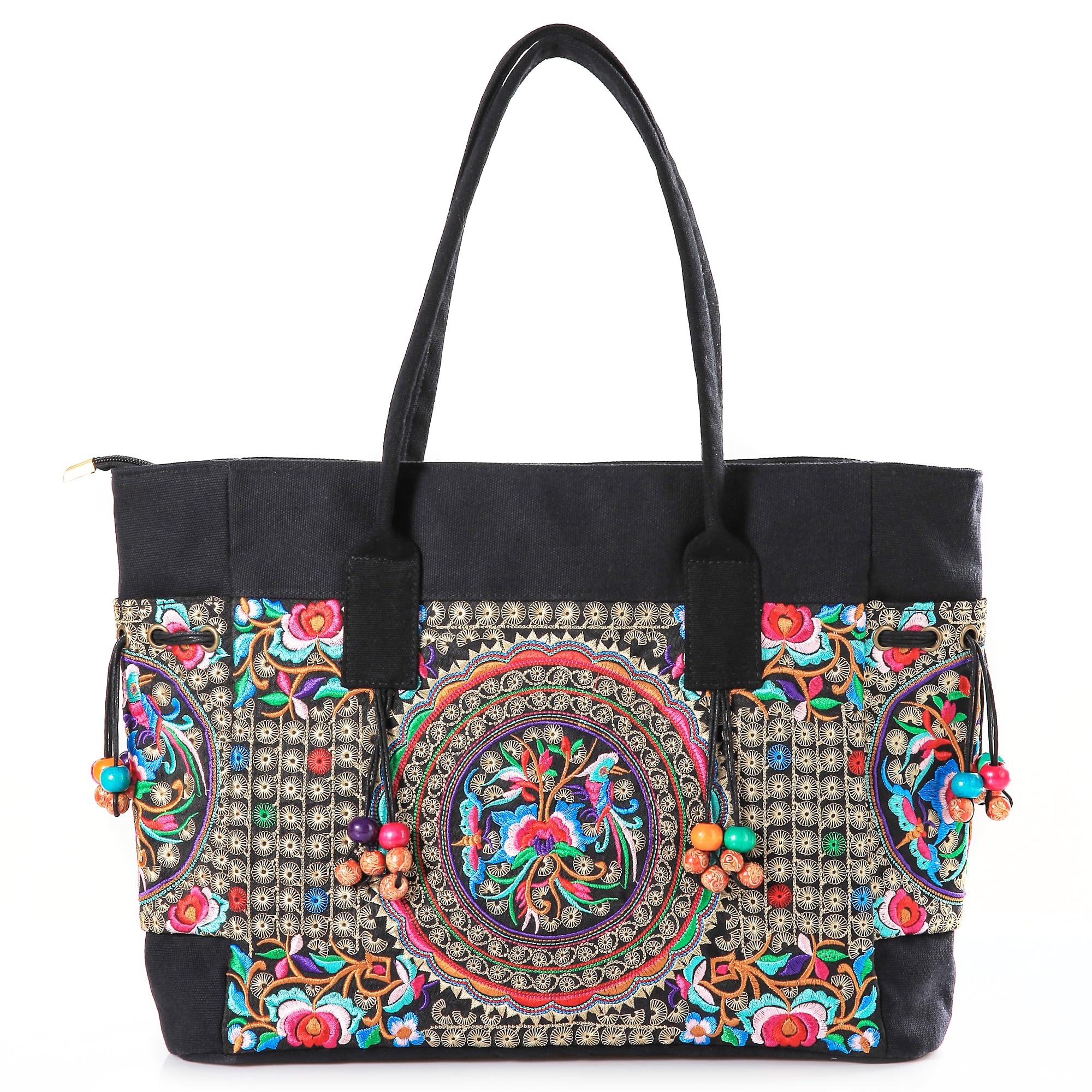 Embroidered Canvas Top Handle Handbag, Ladies Casual Vintage Shoulder Bag Fashion Tassels Handbag (Golden Flower)